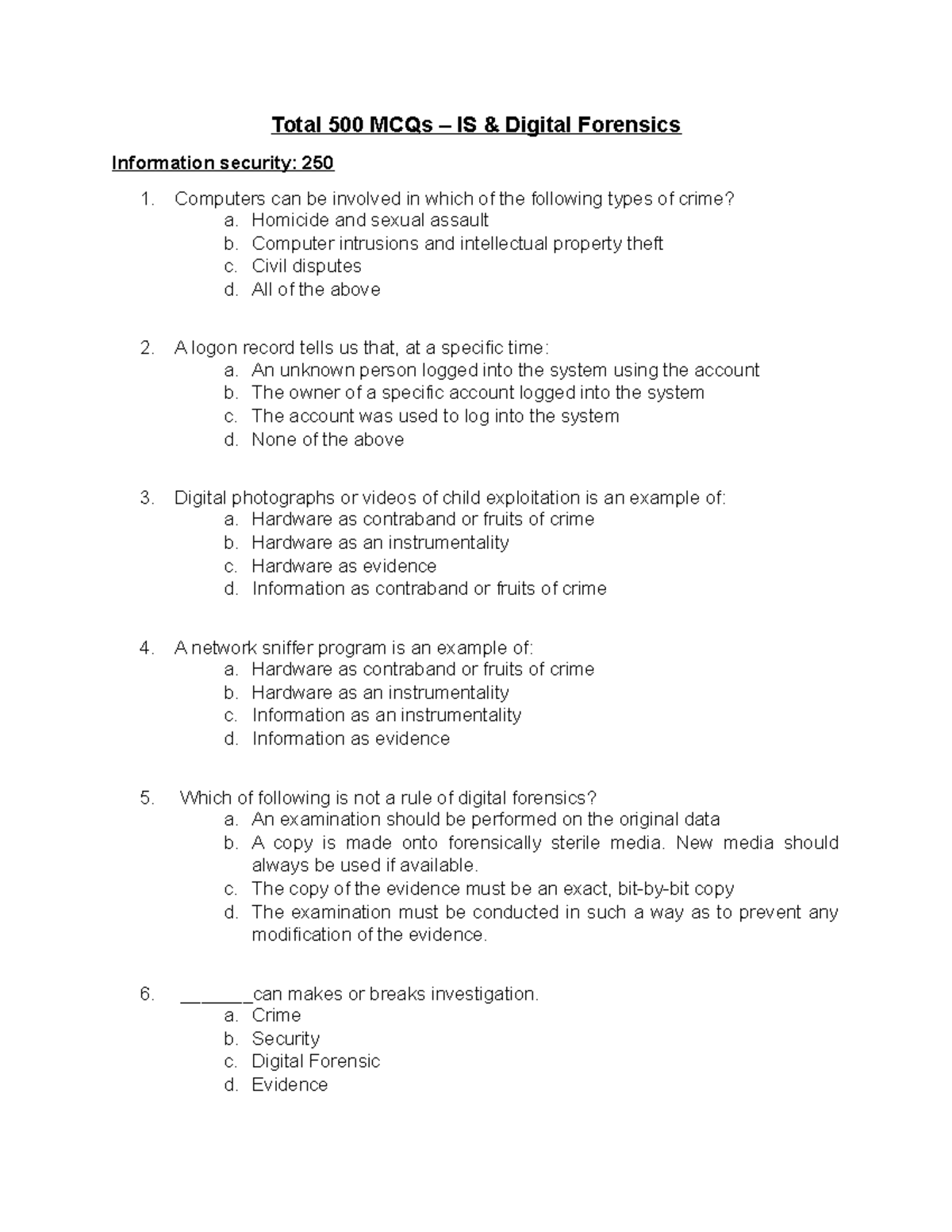 250 Mcqs Lecture Notes Mcqs Tutorials Regarding Forensics Lifecycle And Its Mcqs For Total