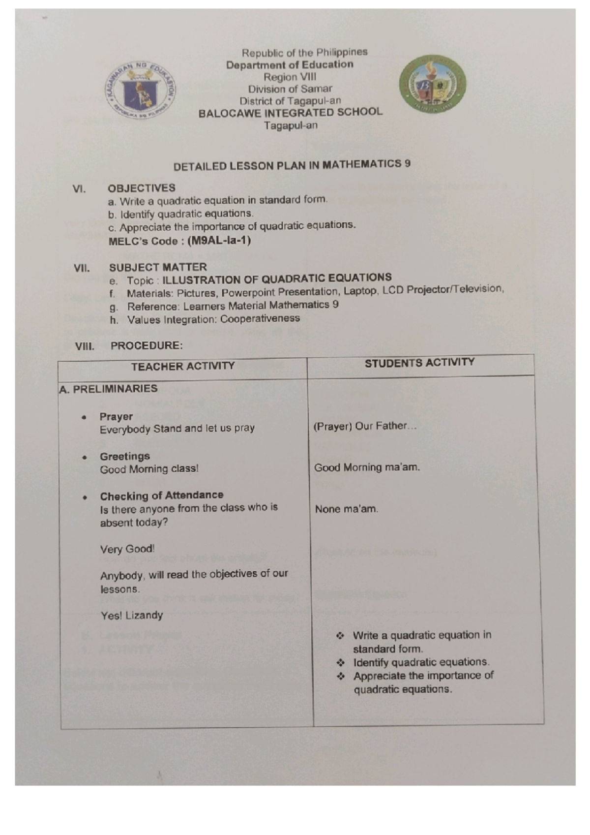 Mathematics 9 Quarter 1 - Republic of the Philippines NG Department of ...