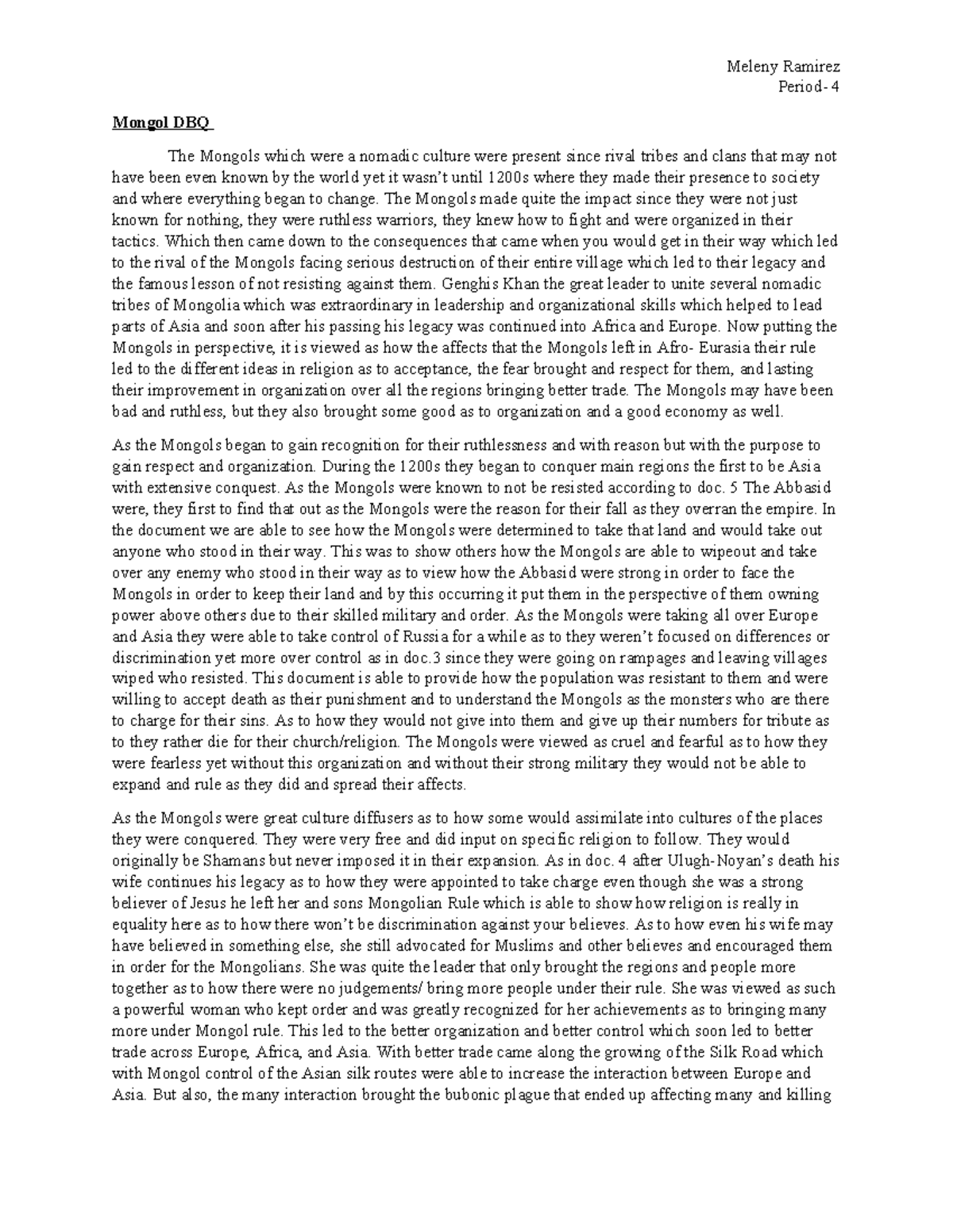 Mongol DBQ - This is to practice historical writing and how to respond ...