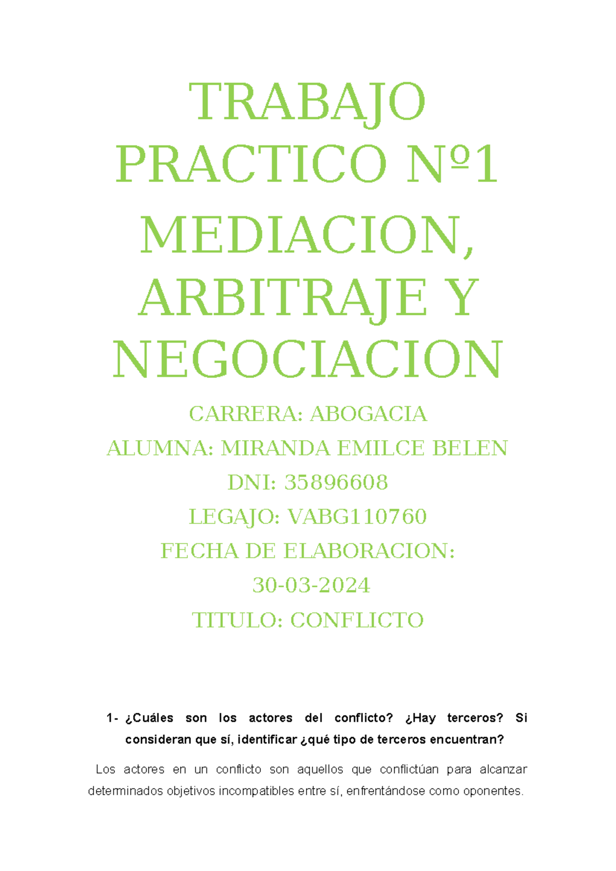 Trabajo Practico Nº1 Mediacion - TRABAJO PRACTICO Nº MEDIACION, ARBITRAJE Y NEGOCIACION CARRERA ...