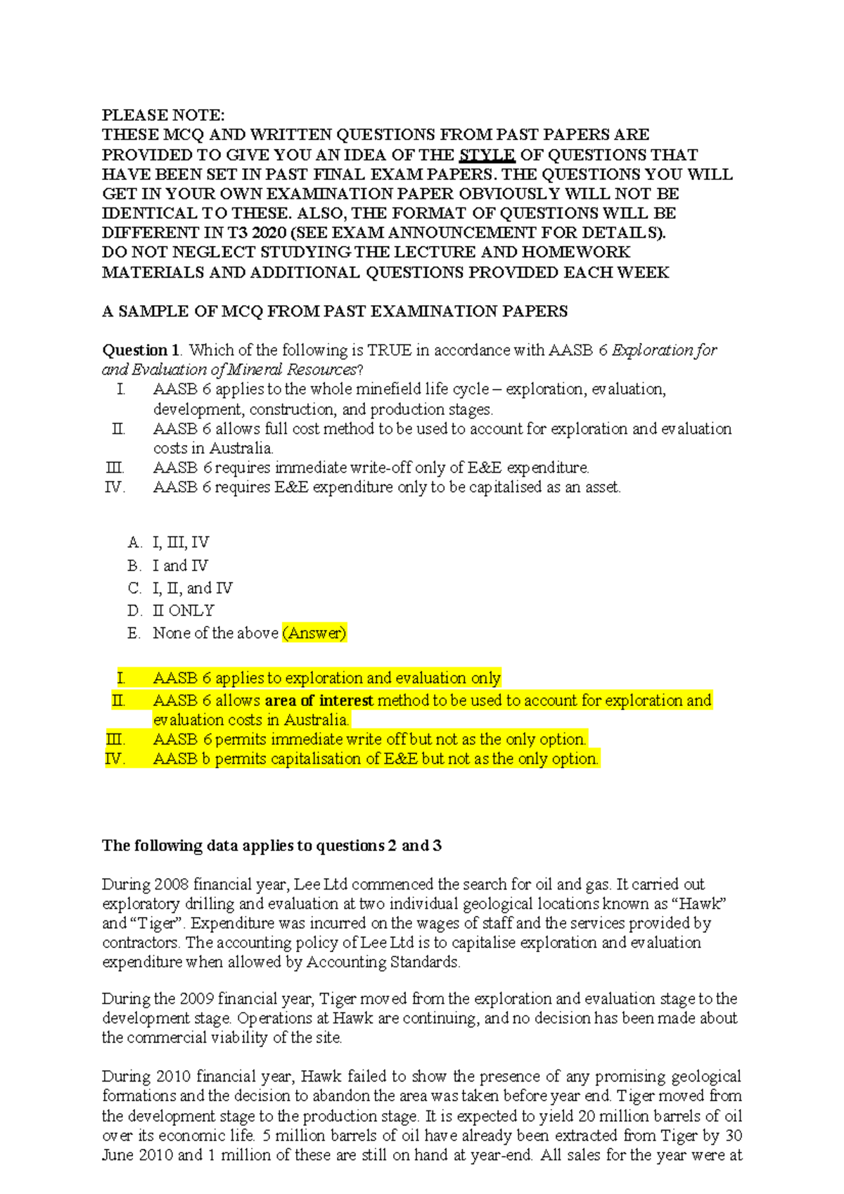 Sample of past exam questions with answers - PLEASE NOTE: THESE MCQ AND ...