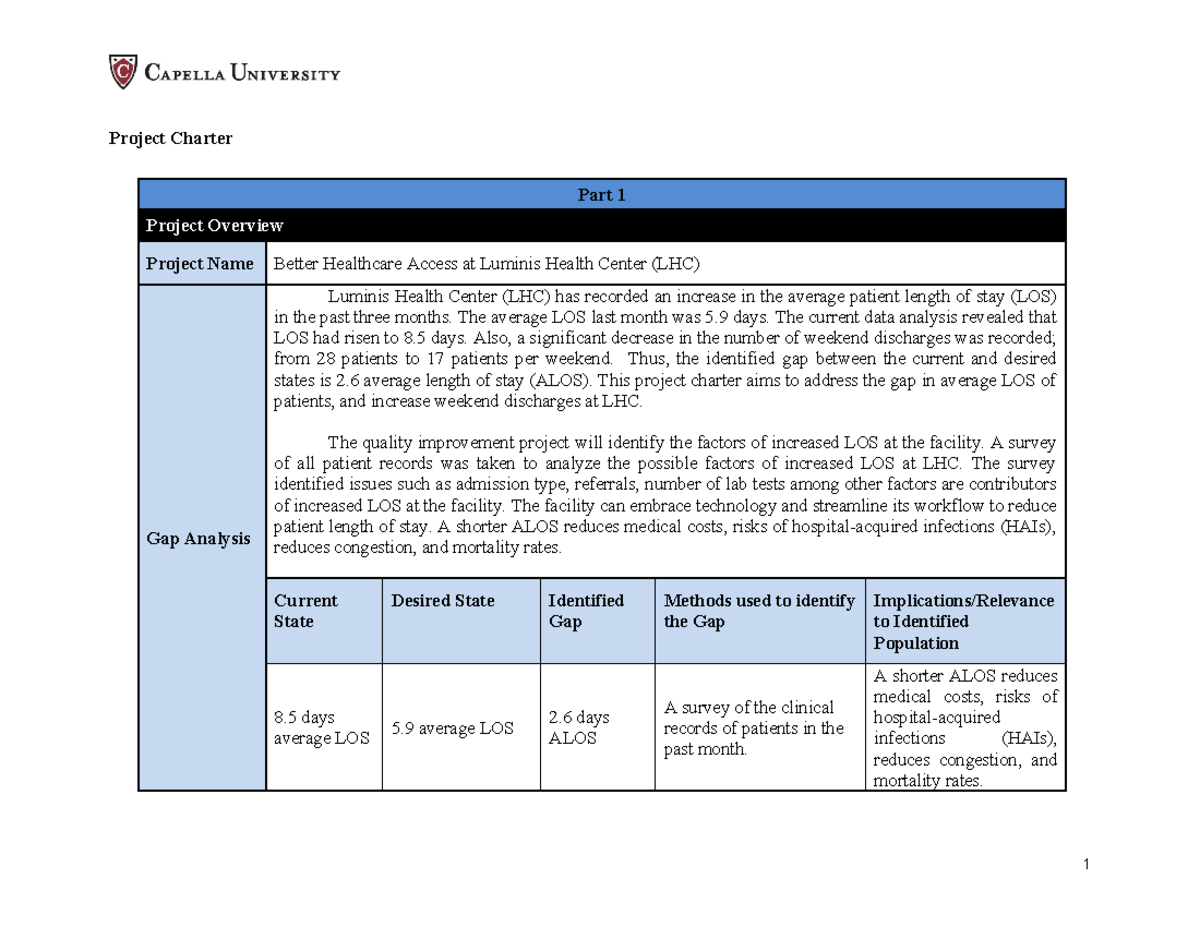 Ass 1 - Project Charter Part 1 Project Overview Project Name Better Healthcare Access at Luminis ...