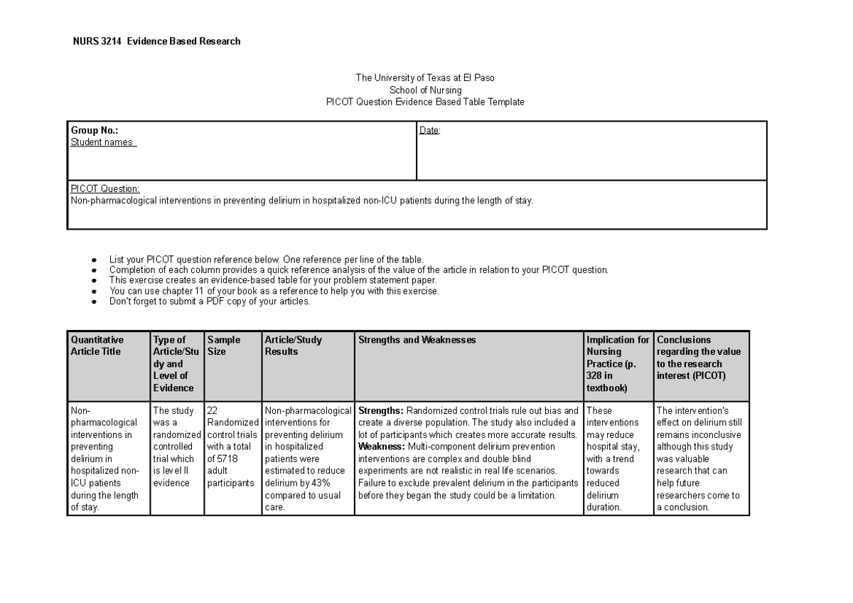 EBP table assignment - The University of Texas at El Paso School of ...