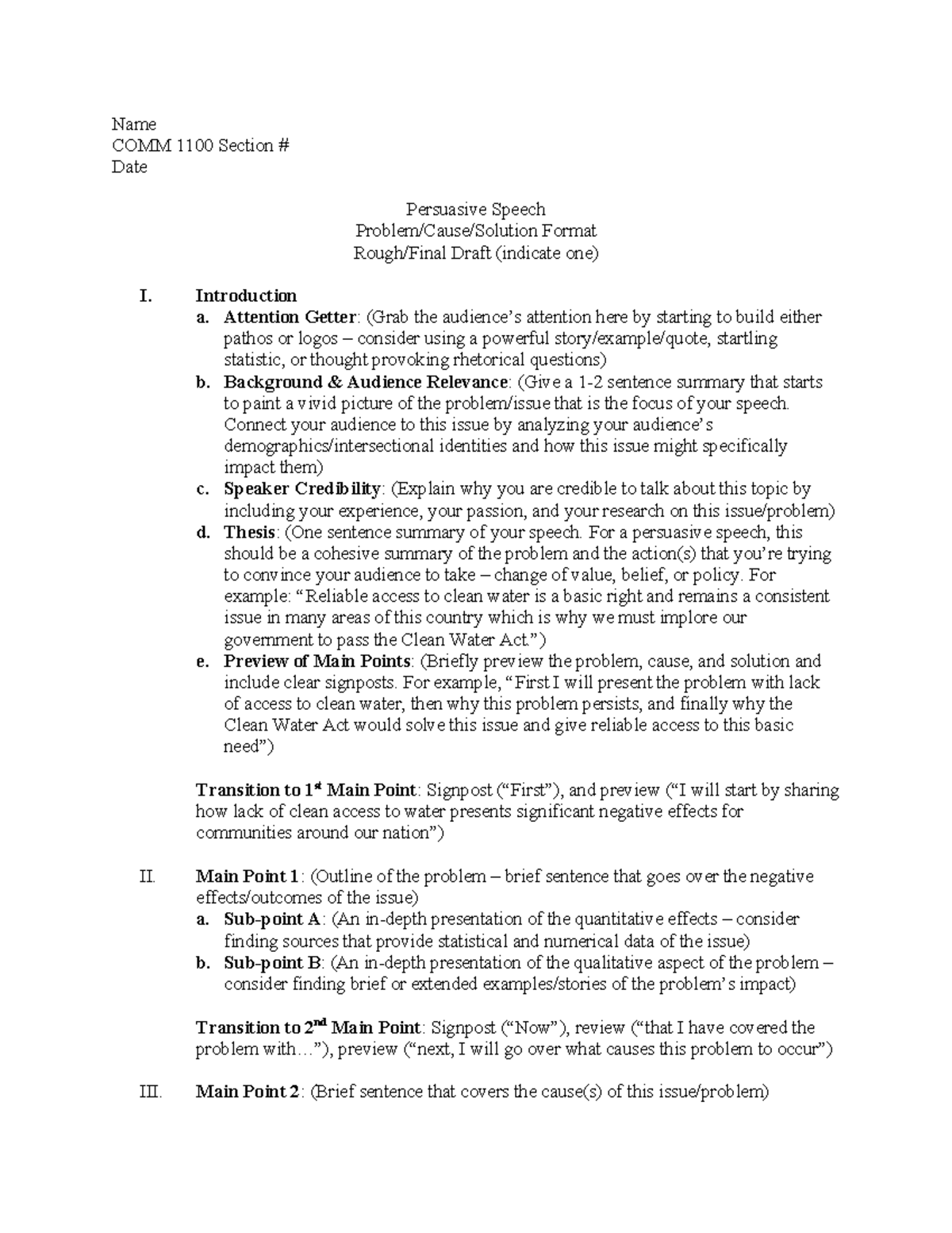 COMM 1100 Persuasive Speech Problem Cause Solution Preparation Outline ...