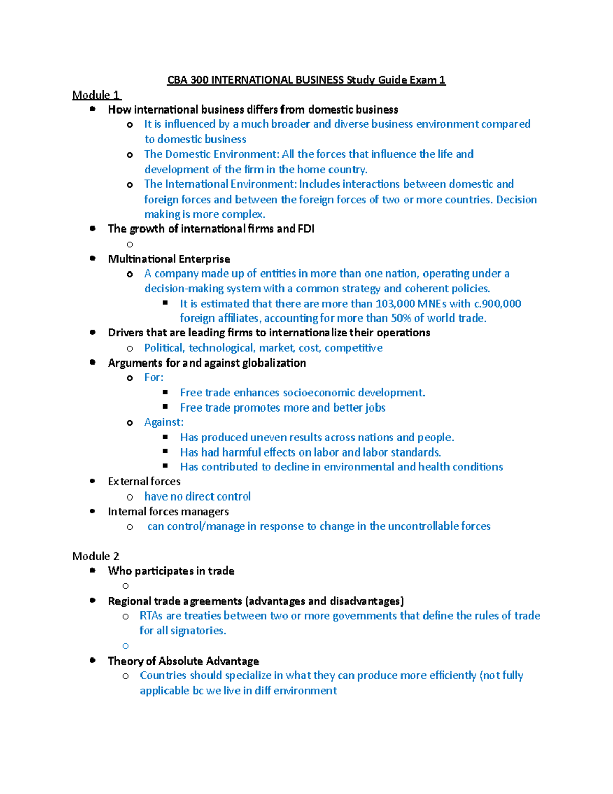 CBA300-Exam1 - exam 1 review - CBA 300 INTERNATIONAL BUSINESS Study ...