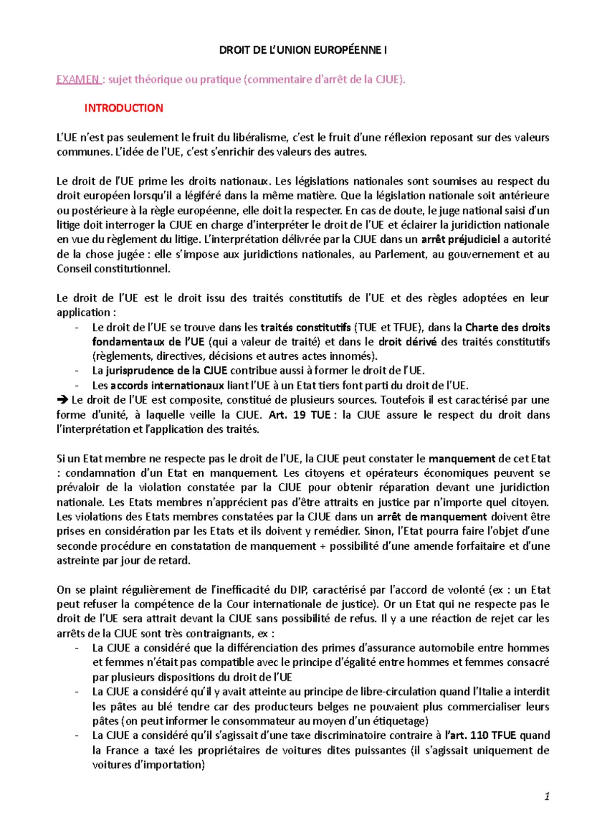 Droit de l'Union Européenne - DROIT DE L’UNION EUROPÉENNE I EXAMEN ...