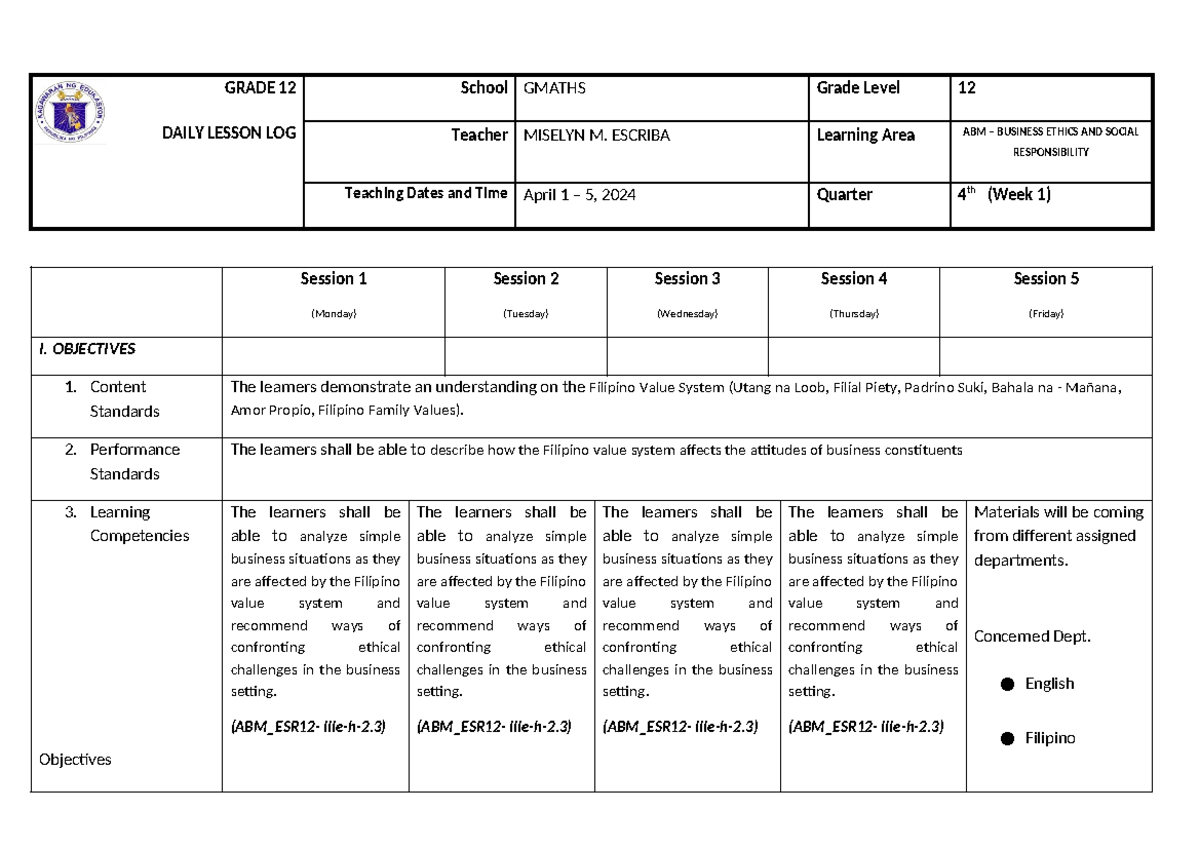 DLL Q2W1 Escriba BESR Apr1-5final - GRADE 12 DAILY LESSON LOG School ...