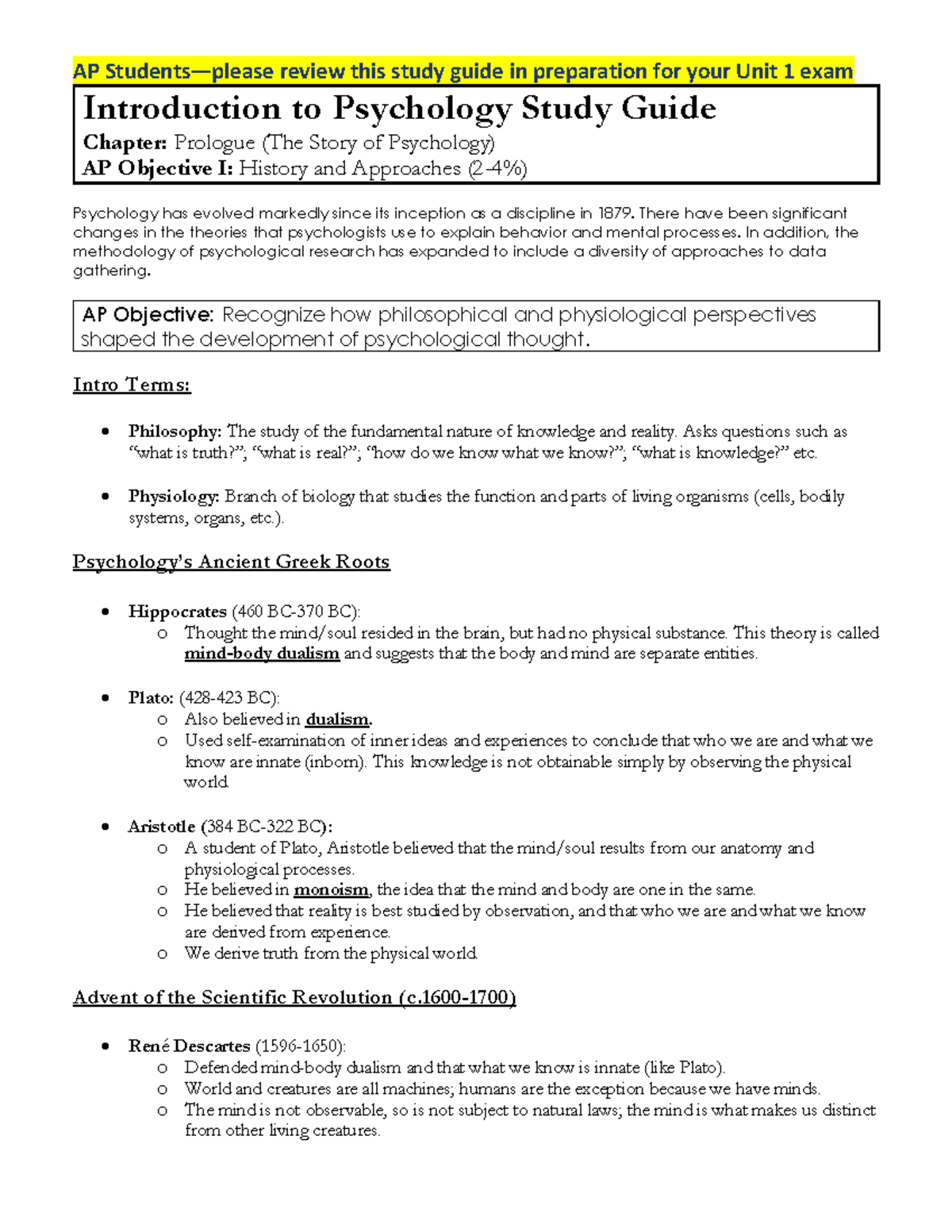 Pyschology Chapter 1 Study Guide - AP Students—please review this study ...