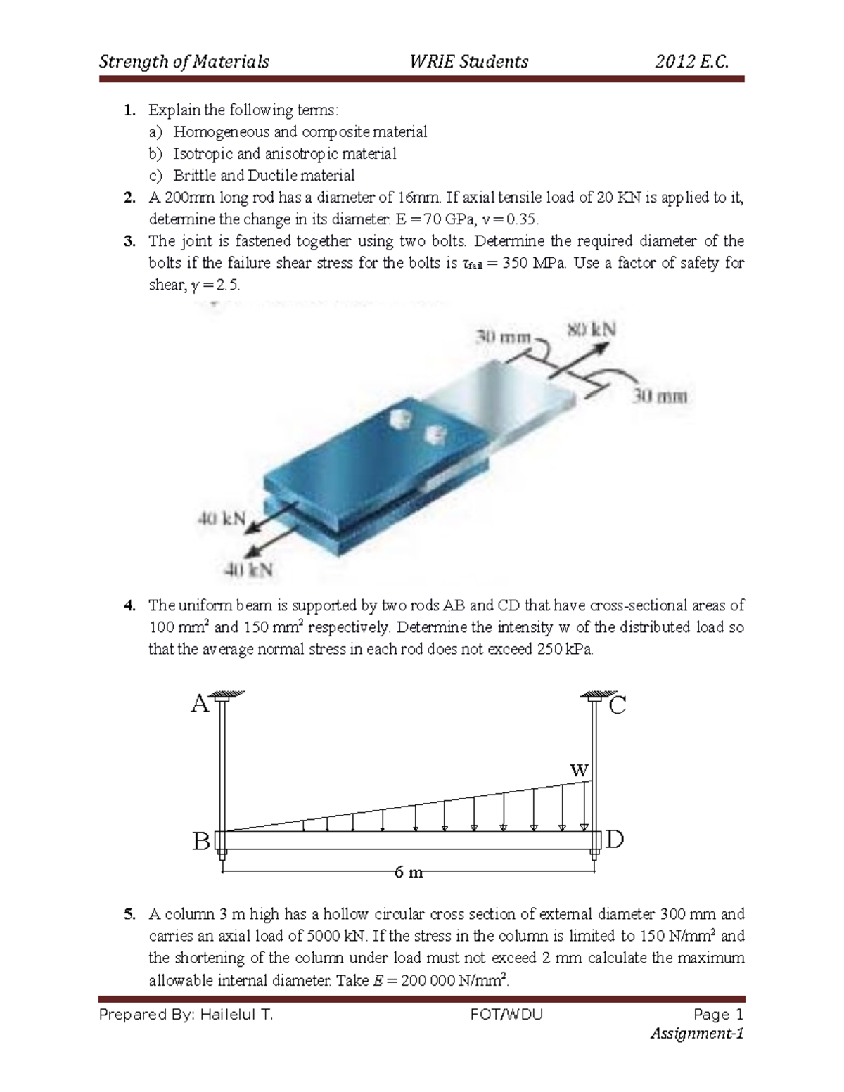 Strength Worksheet 1F - 6 m w A B C D Strength of Materials WRIE ...