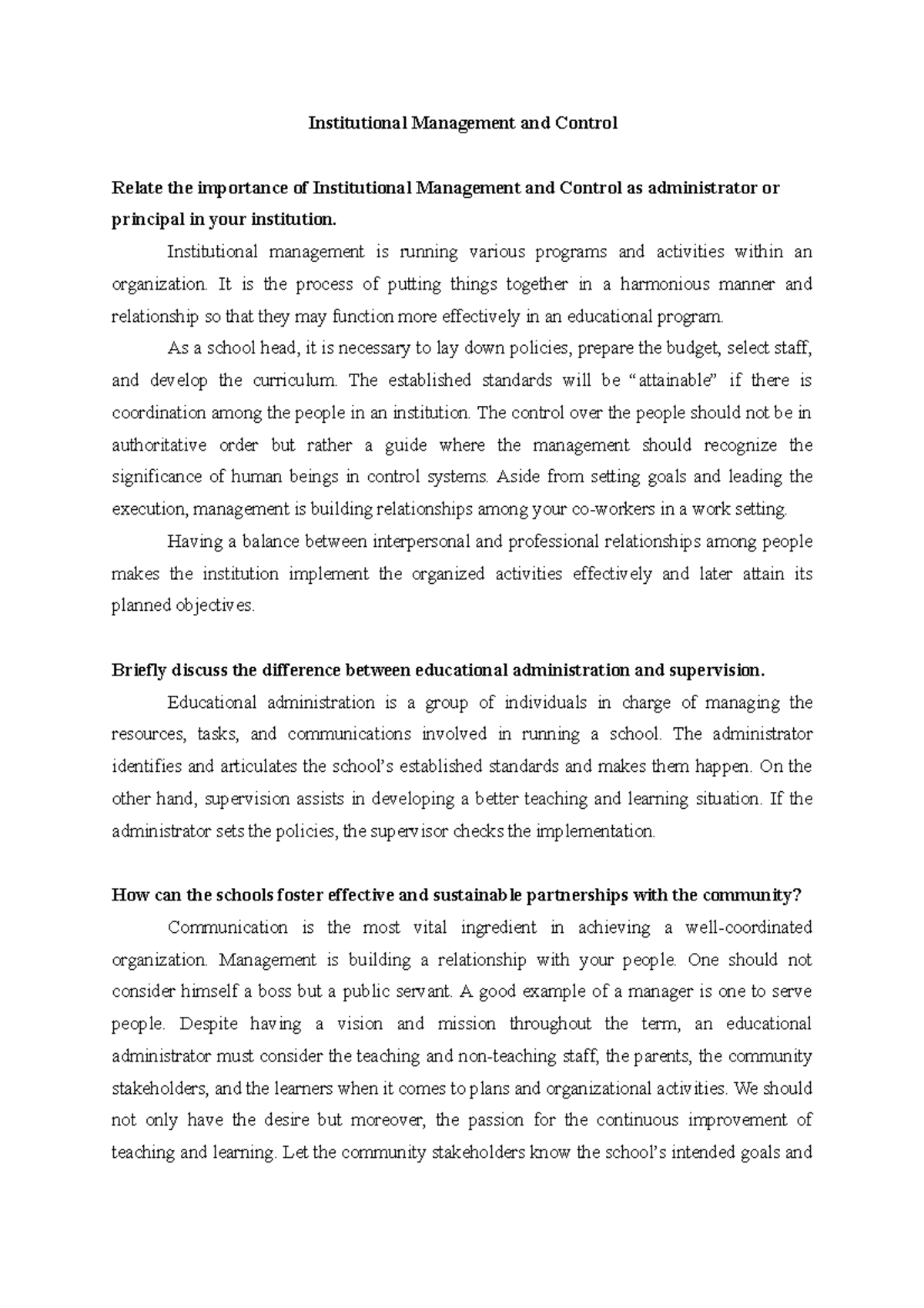 Institutional Management and Control - Institutional management is ...