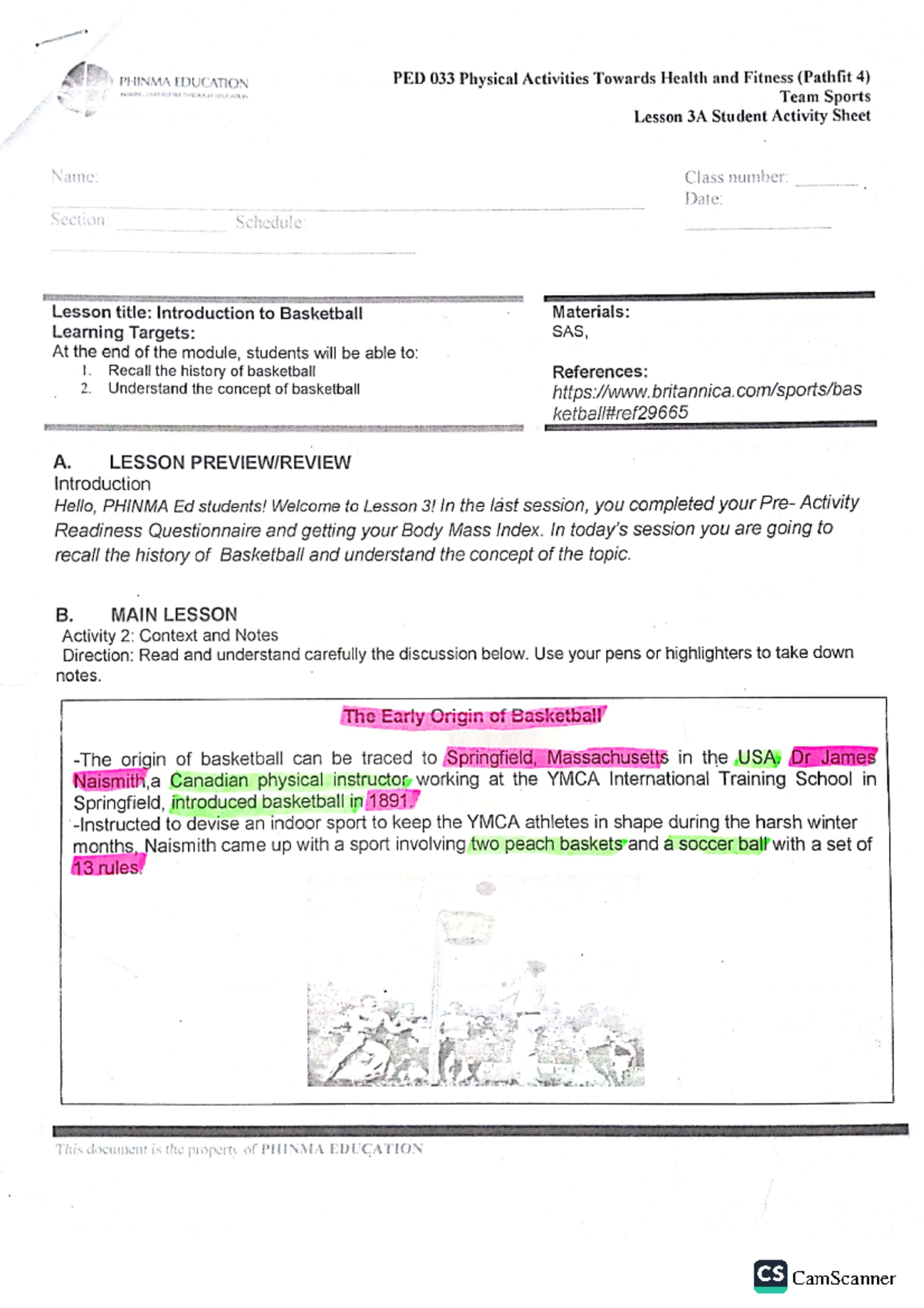 PED - Basketball - PHINMA EDUCATION PED 033 Physical Activities Towards ...