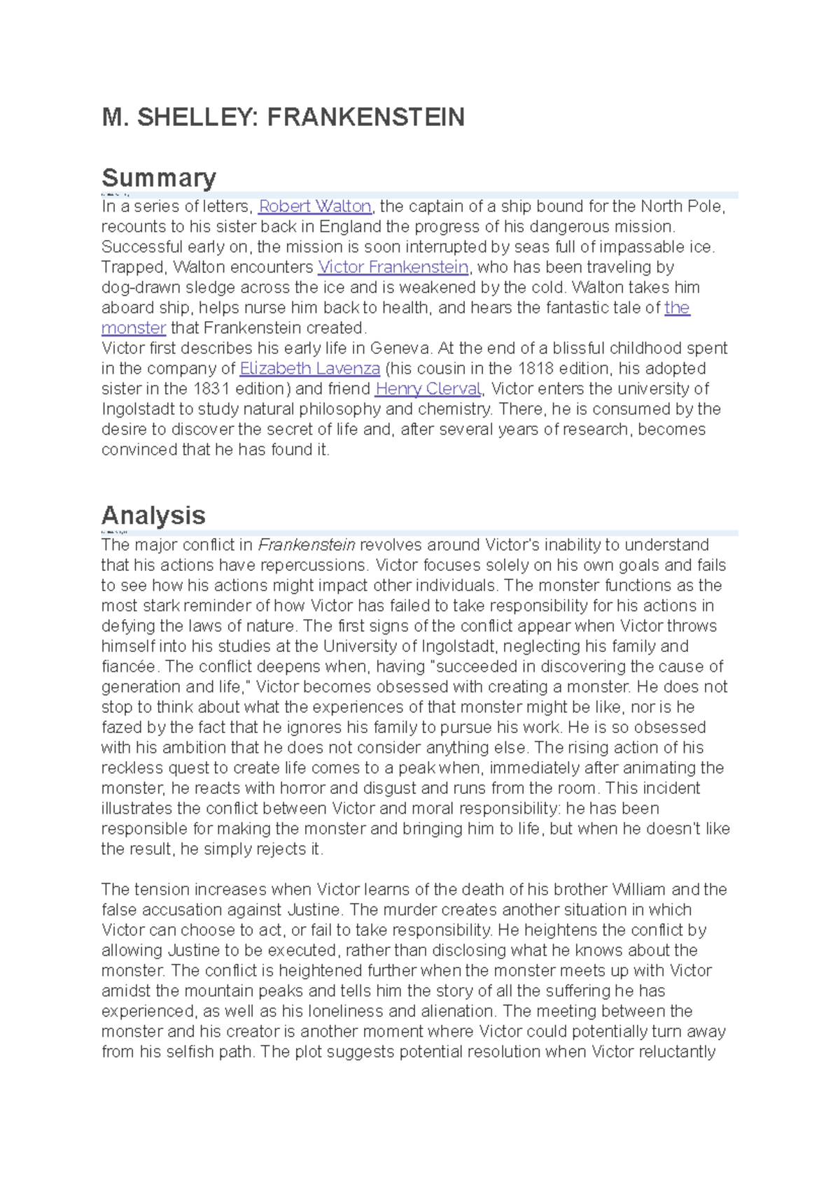 Frankenstein: summer and analysis - M. SHELLEY: FRANKENSTEIN Summary ...