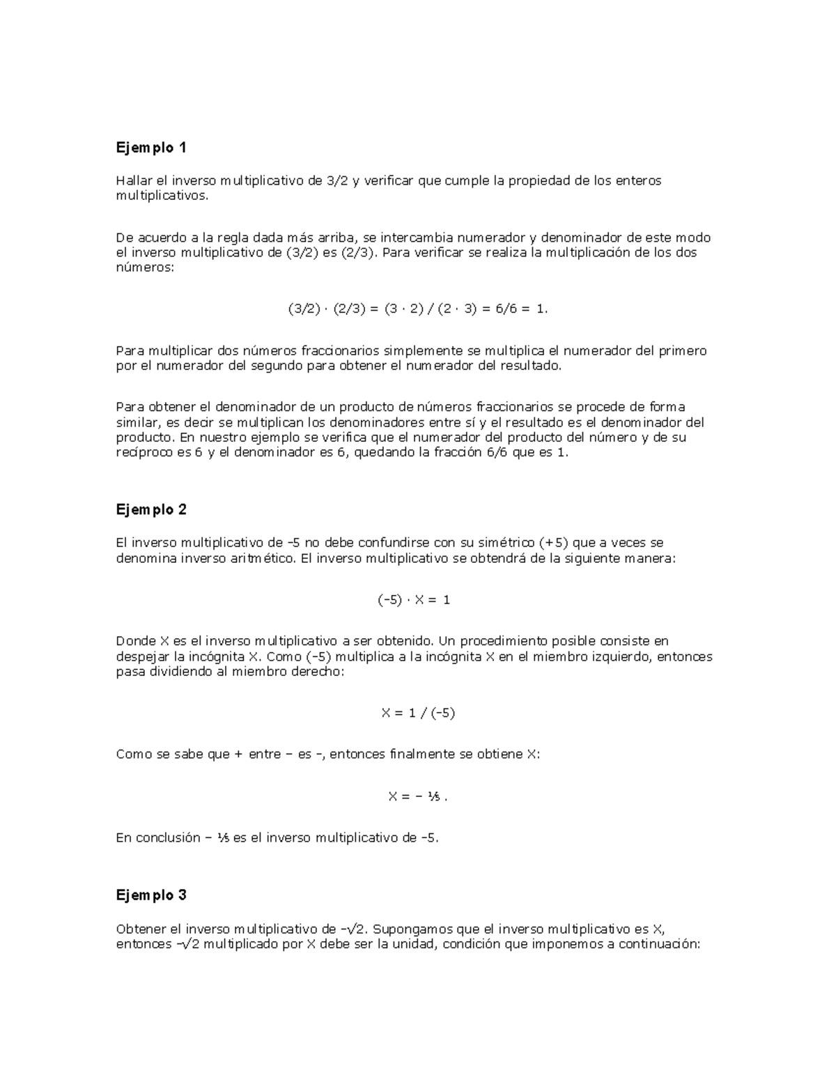 Ejemplo 1 - Ejemplo 1 Hallar el inverso multiplicativo de 3/2 y ...