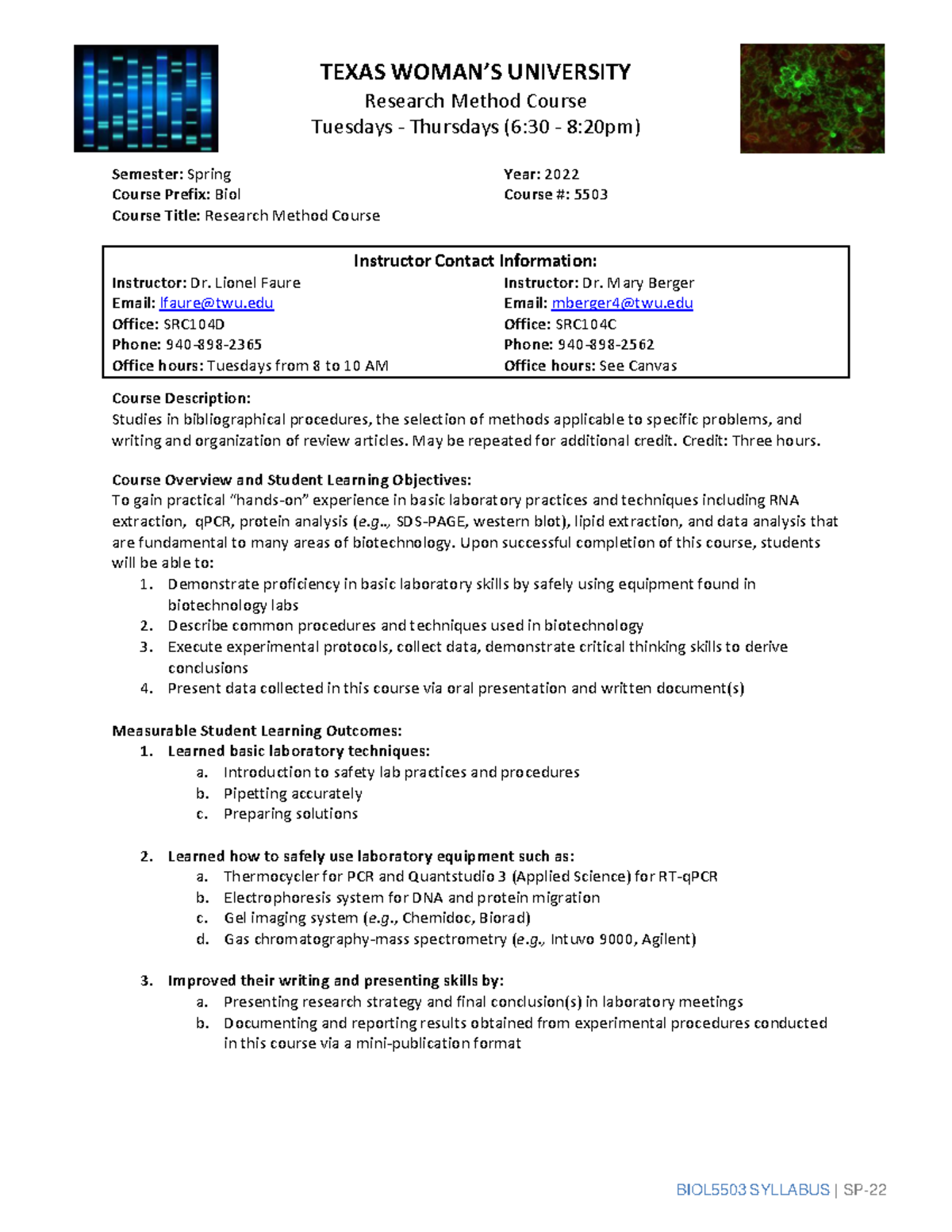 BIOL 5503 01 Research Methods - TEXAS WOMAN’S UNIVERSITY Research ...