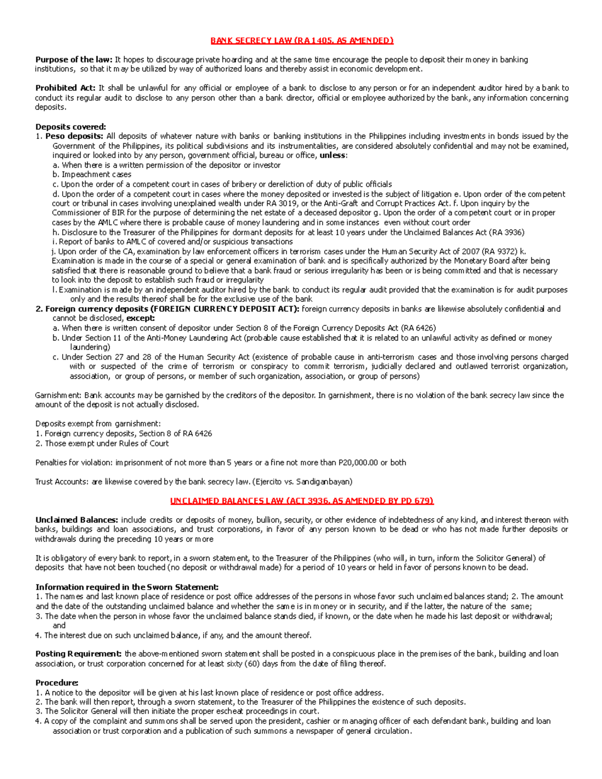 Handout - Banking Laws - BANK SECRECY LAW (RA 1405, AS AMENDED) Purpose ...