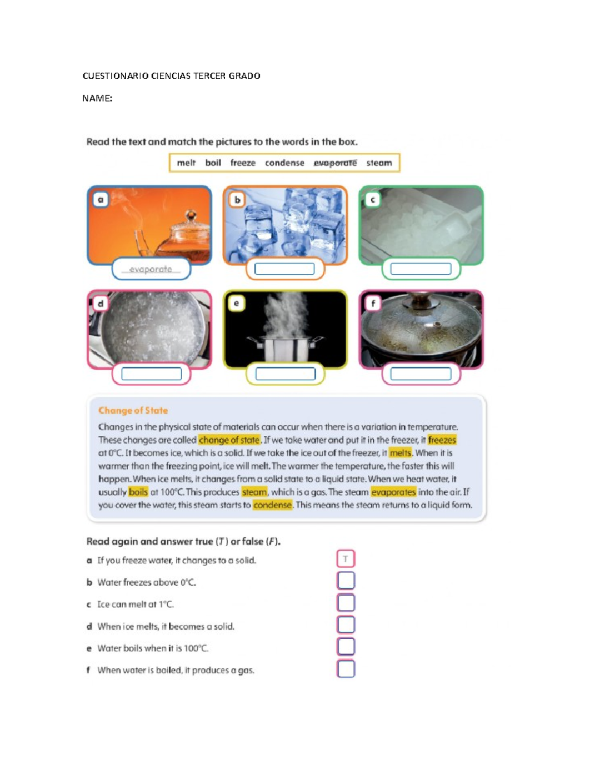 Final Science TEST 3 Grade - english - CUESTIONARIO CIENCIAS TERCER ...