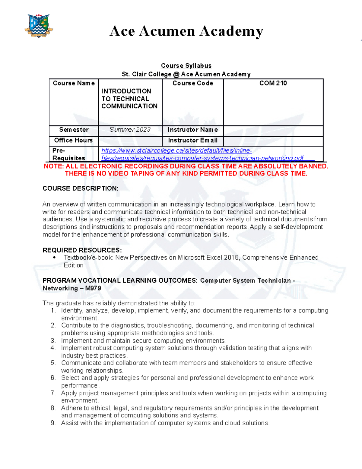 W23 Syllabus-COM210 - ZCcc - Course Syllabus St. Clair College @ Ace Acumen Academy Course Name ...