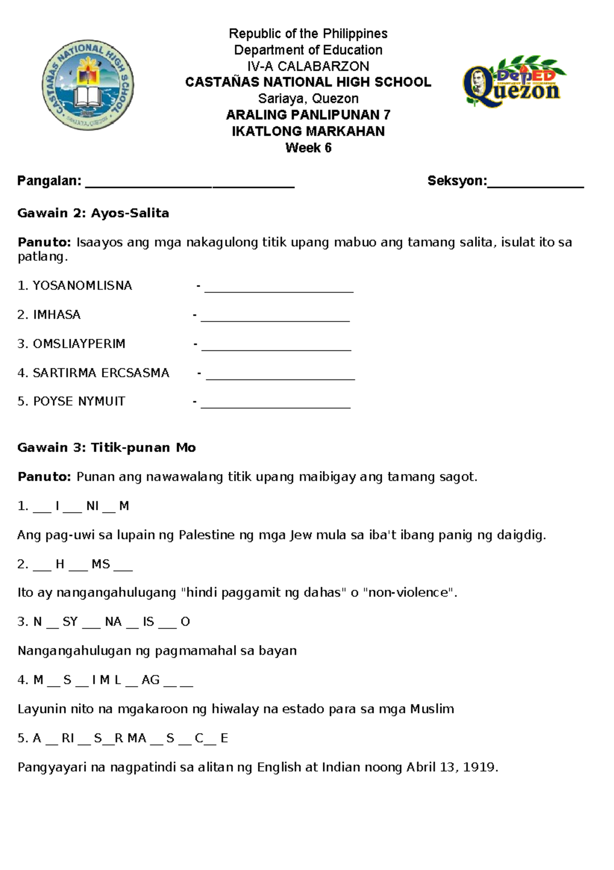 Activity Sheet for Class Observation in Araling Panlipunan 7 - Republic ...