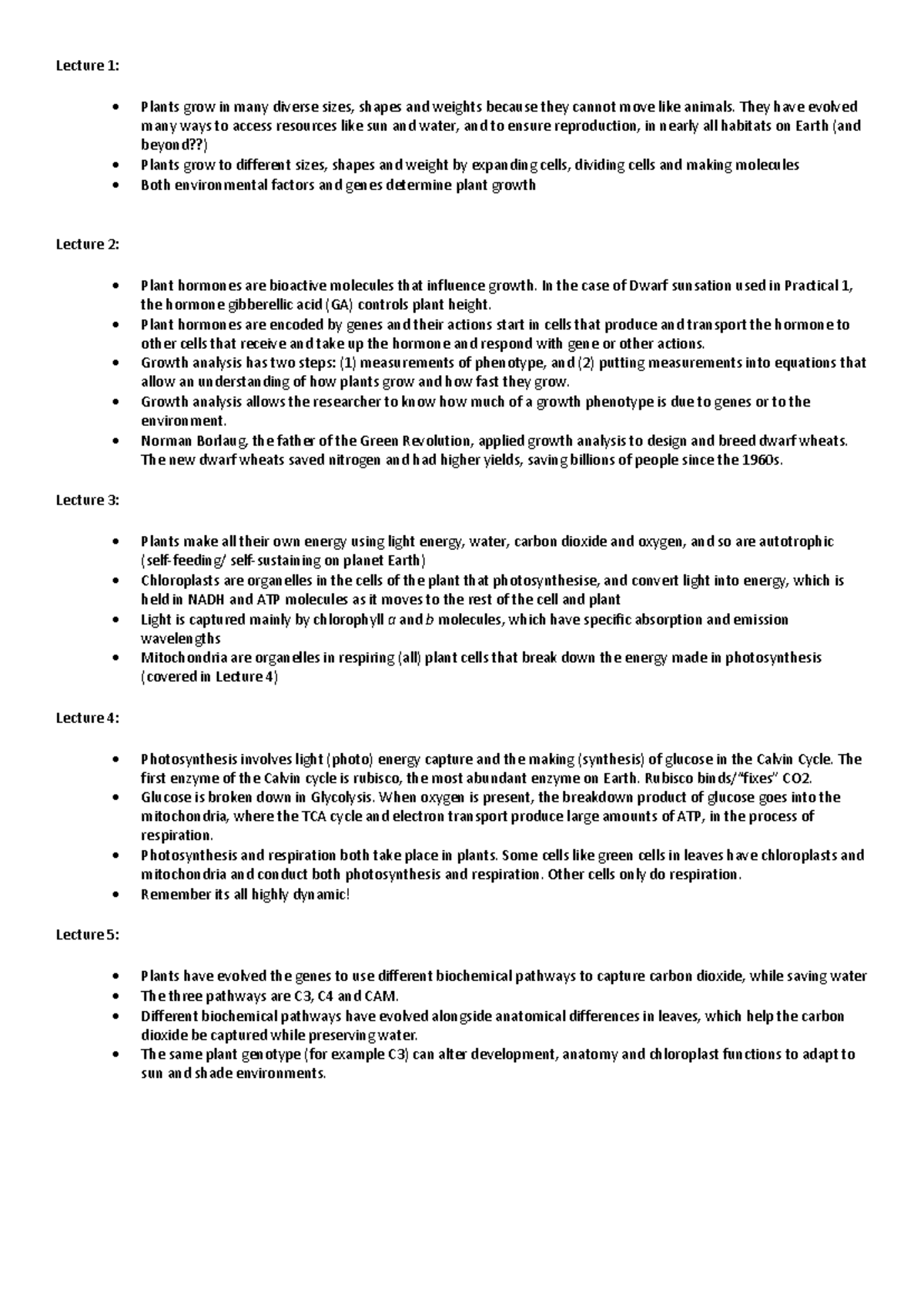 Module 1 KEY Learnings - Summary - Lecture 1: - Plants grow in many diverse sizes, shapes and ...