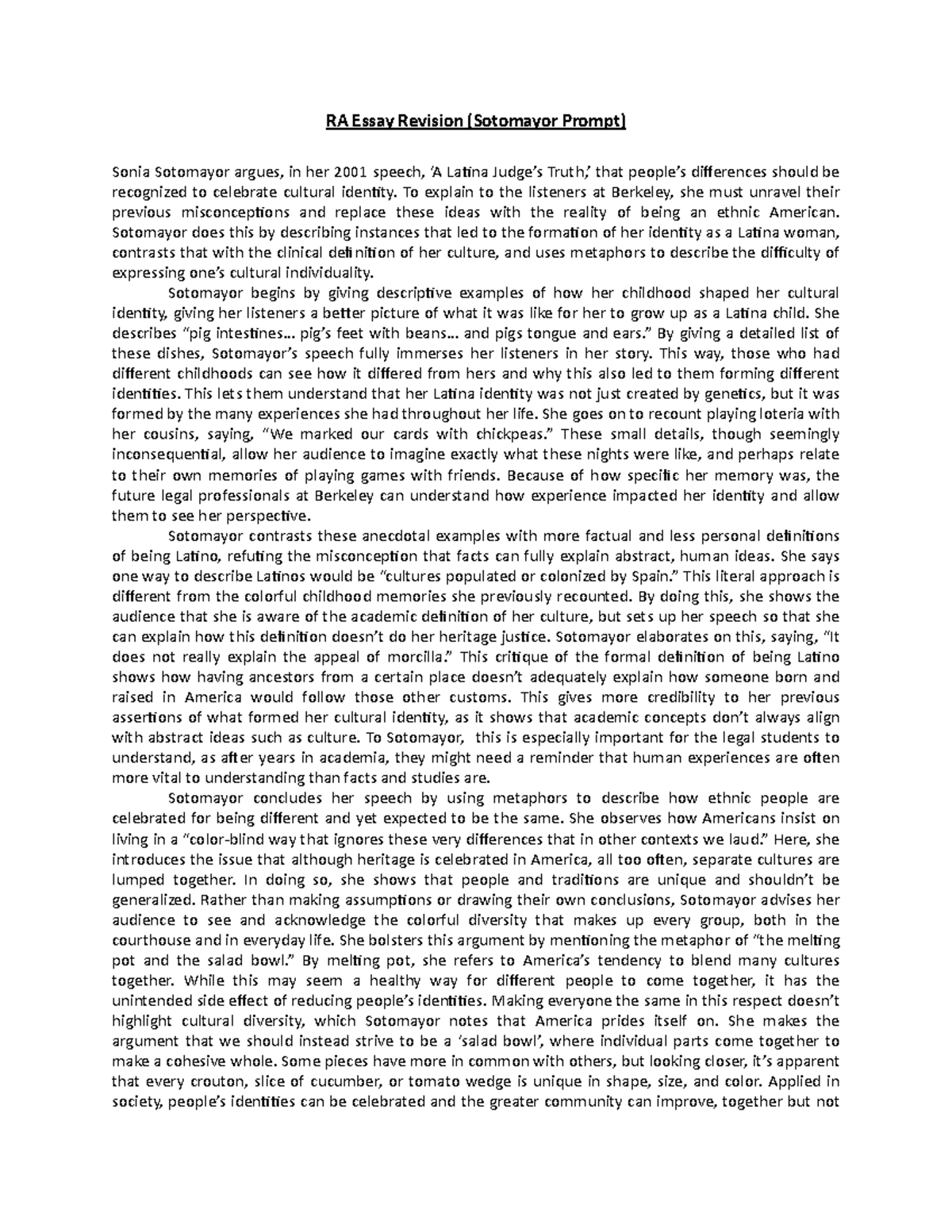 RA Essay (Sotomayor Prompt) - RA Essay Revision (Sotomayor Prompt ...