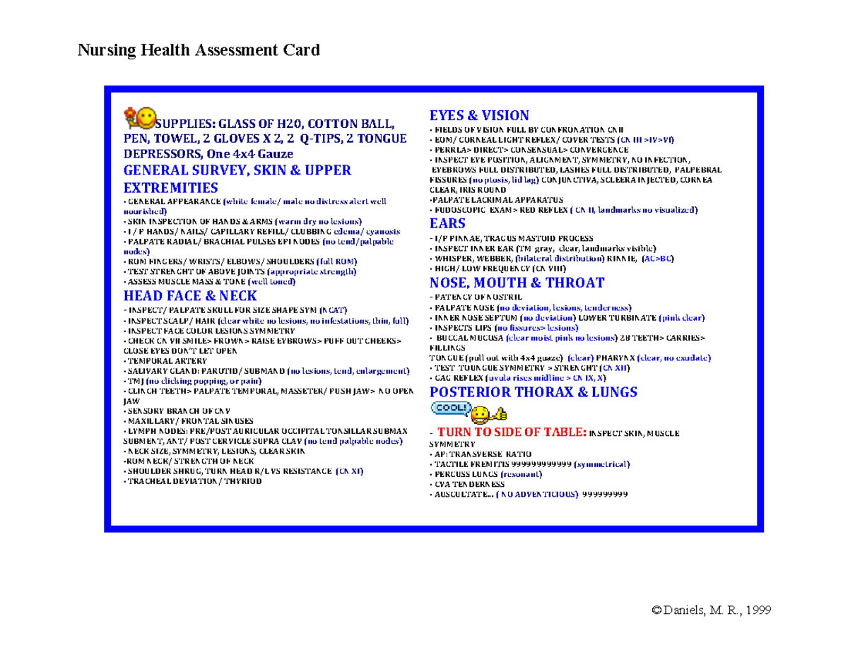 Head to Toe physical assessment - Nursing Health Assessment Card ...