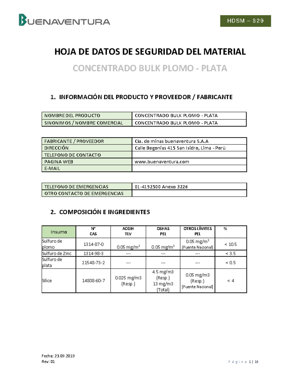 HDSM 829 Concentrado BULK Plomo - Plata Julcani 23 - Fecha: 23. HOJA DE ...