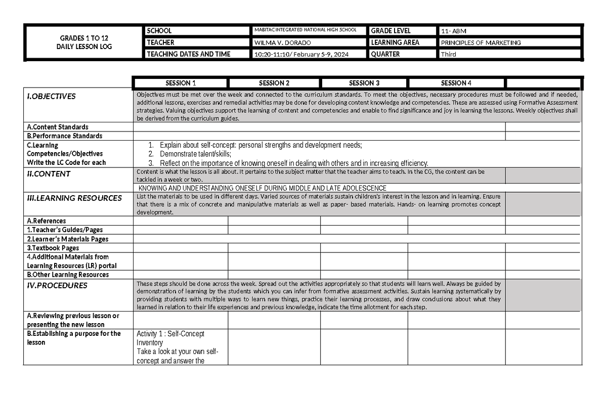 Daily Lesson LOG Perssonal Development - GRADES 1 TO 12 DAILY LESSON ...