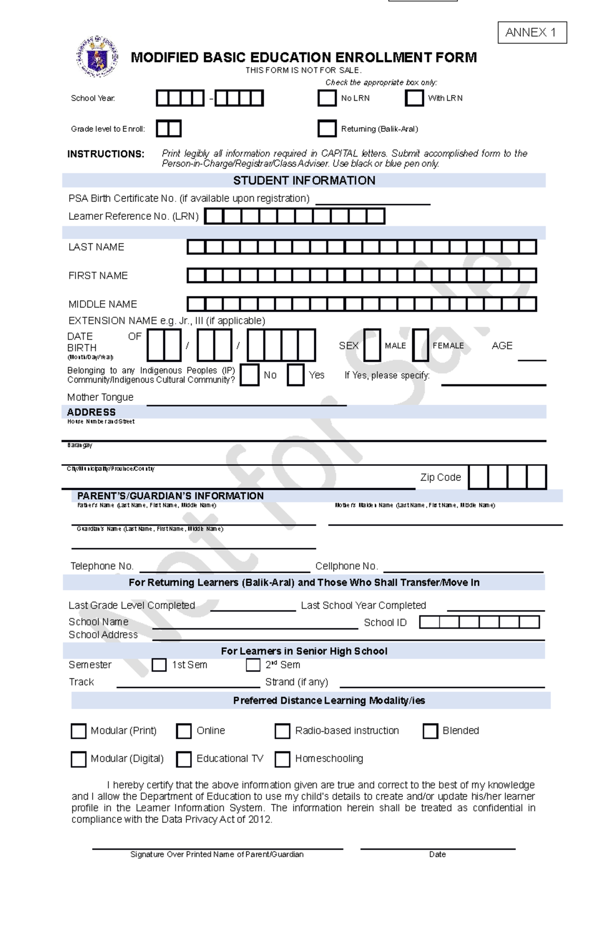 Annex-2 BEEF-Final - Used - MODIFIED BASIC EDUCATION ENROLLMENT FORM ...