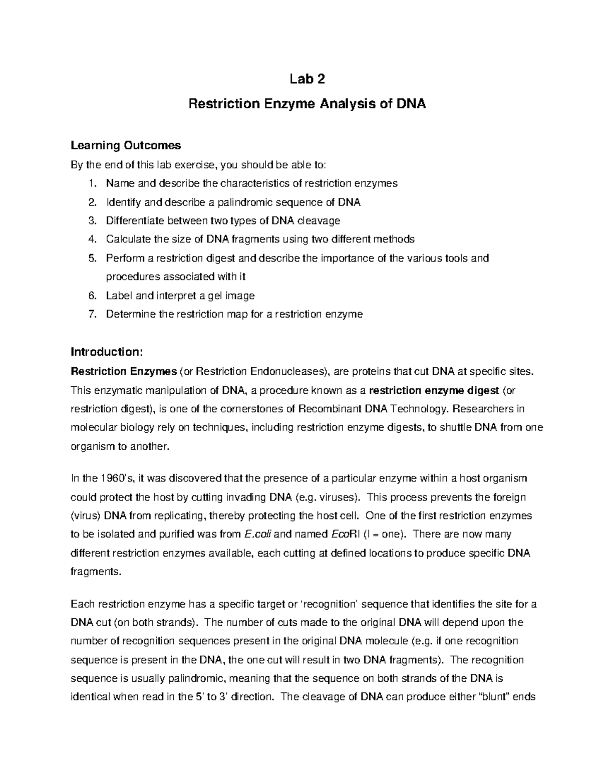 Lab 2 - Fall 2019 Lab 2 - Lab 2 Restriction Enzyme Analysis of DNA ...