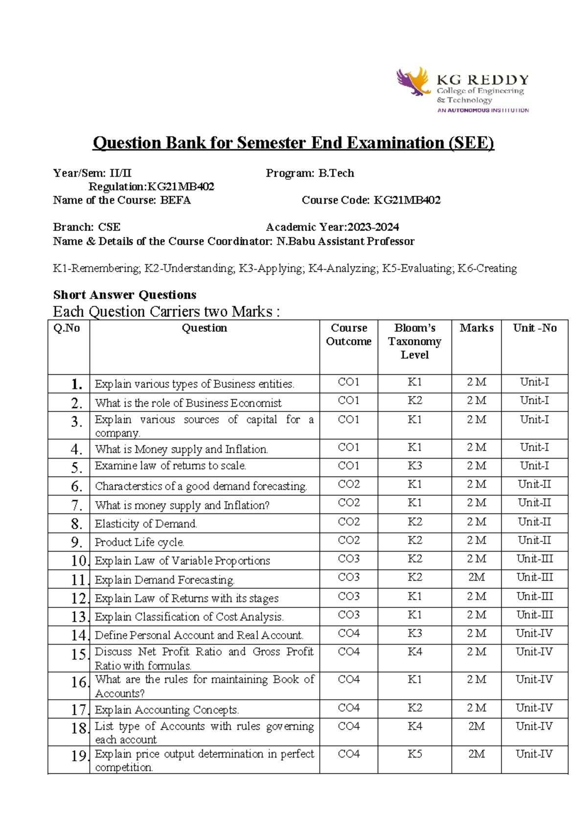 BEFA -Question bank -II-II(KGR21) - Question Bank for Semester End ...