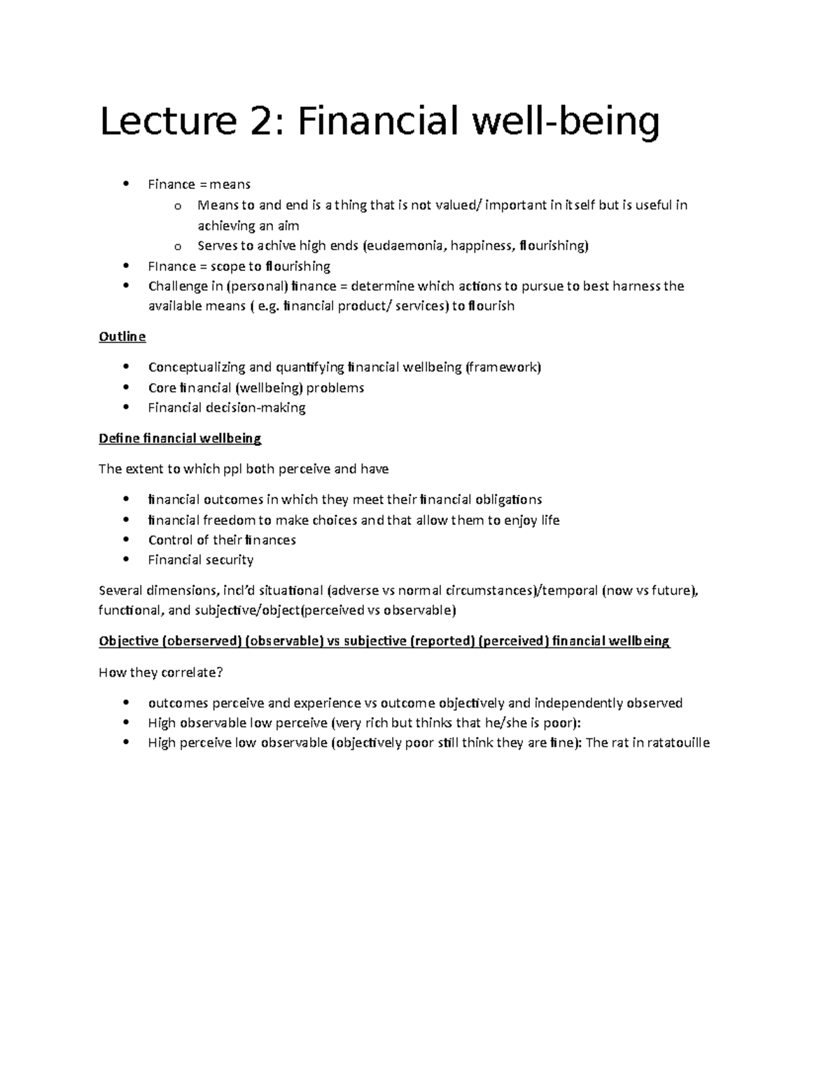 Intro Personal FInance lecture note - Lecture 2: Financial well-being ...