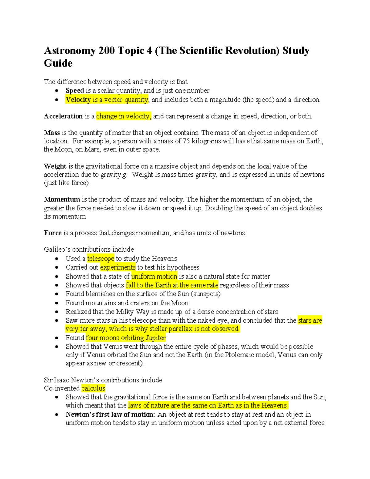Astronomy 200 Topic 04 Study Guide - Astronomy 200 Topic 4 (The ...