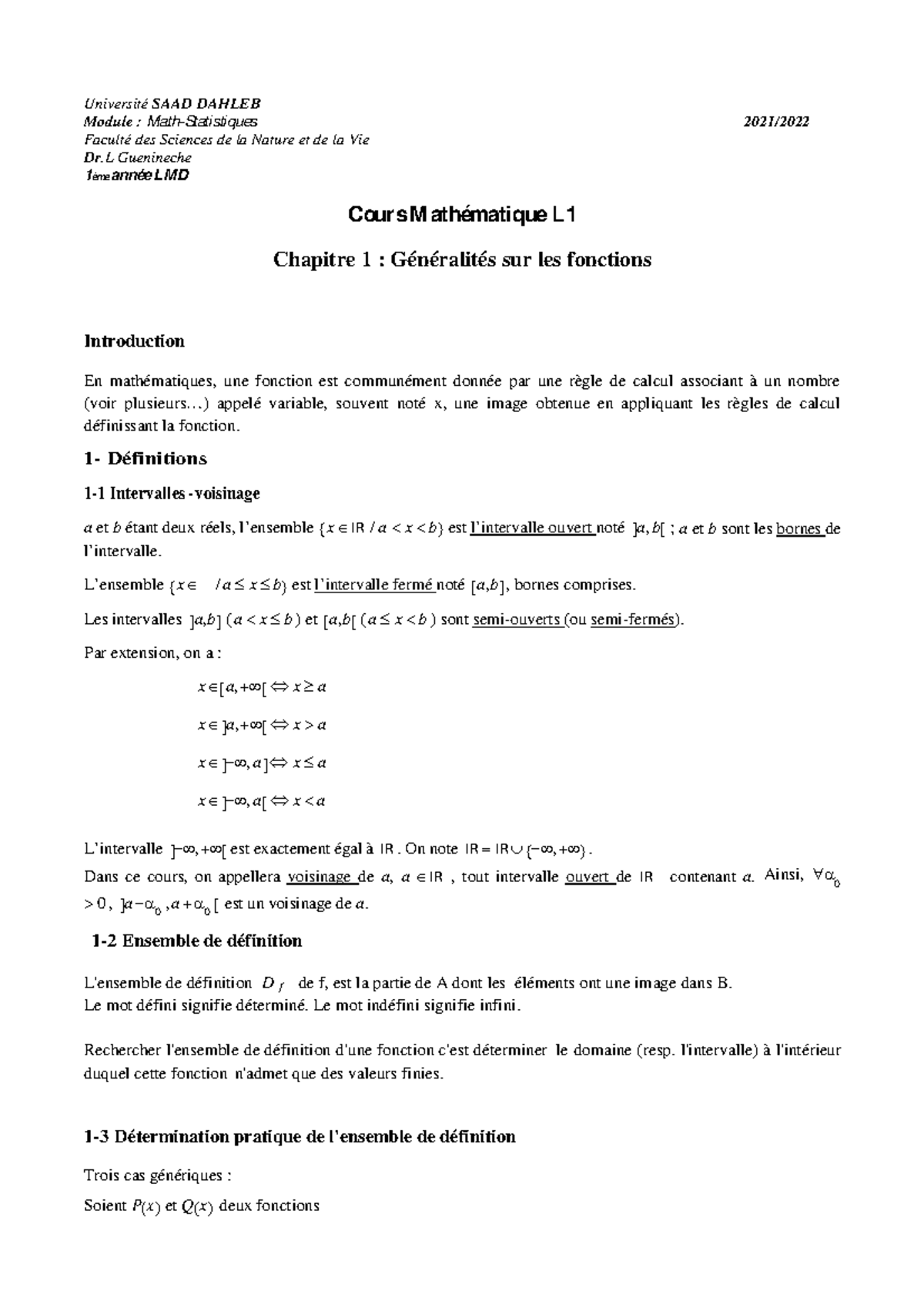 Chapitre 1 math L1 - Université SAAD DAHLEB Module : Math-Statistiques ...