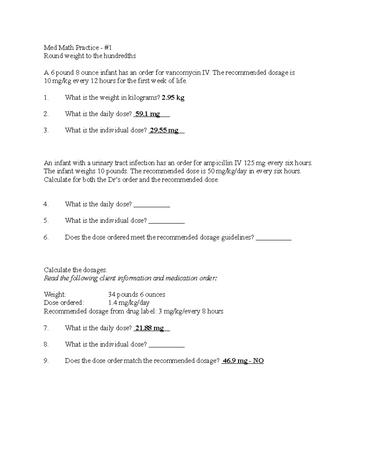 Medication Math Practice #1 4-16-21 Revised - Med Math Practice ...