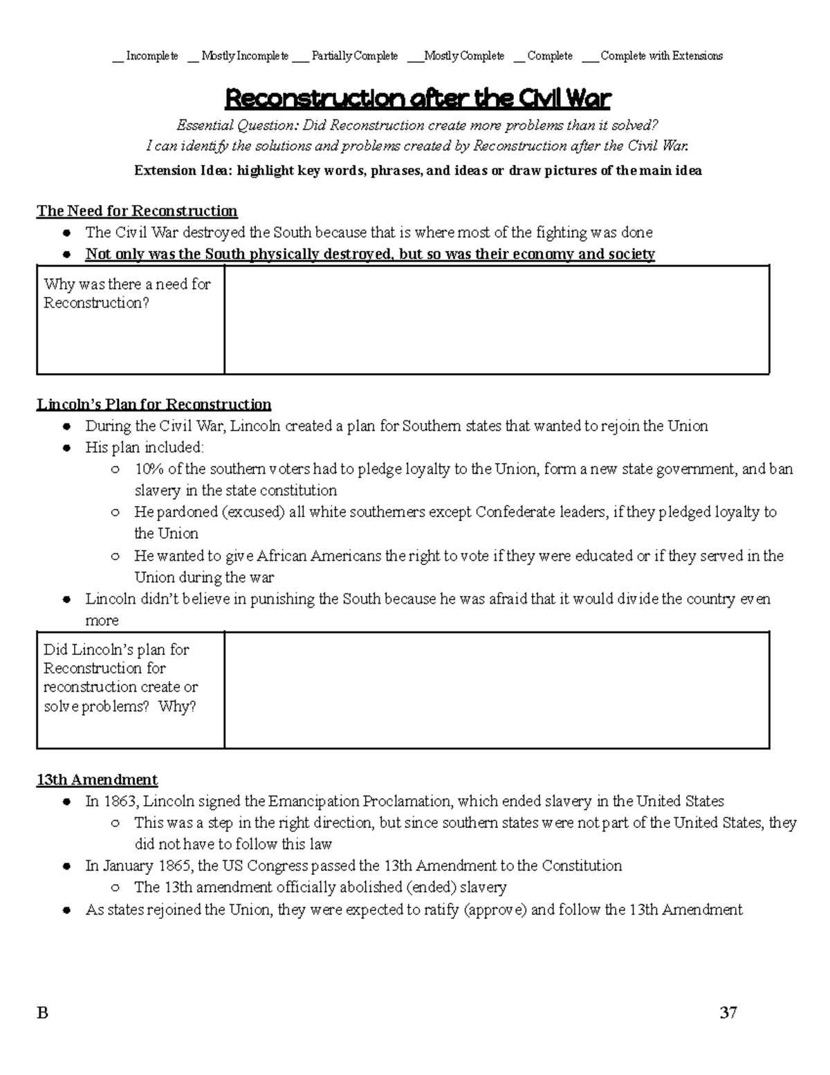 8 U2 Reconstruction Notes - Reconstruction after the Civil War ...