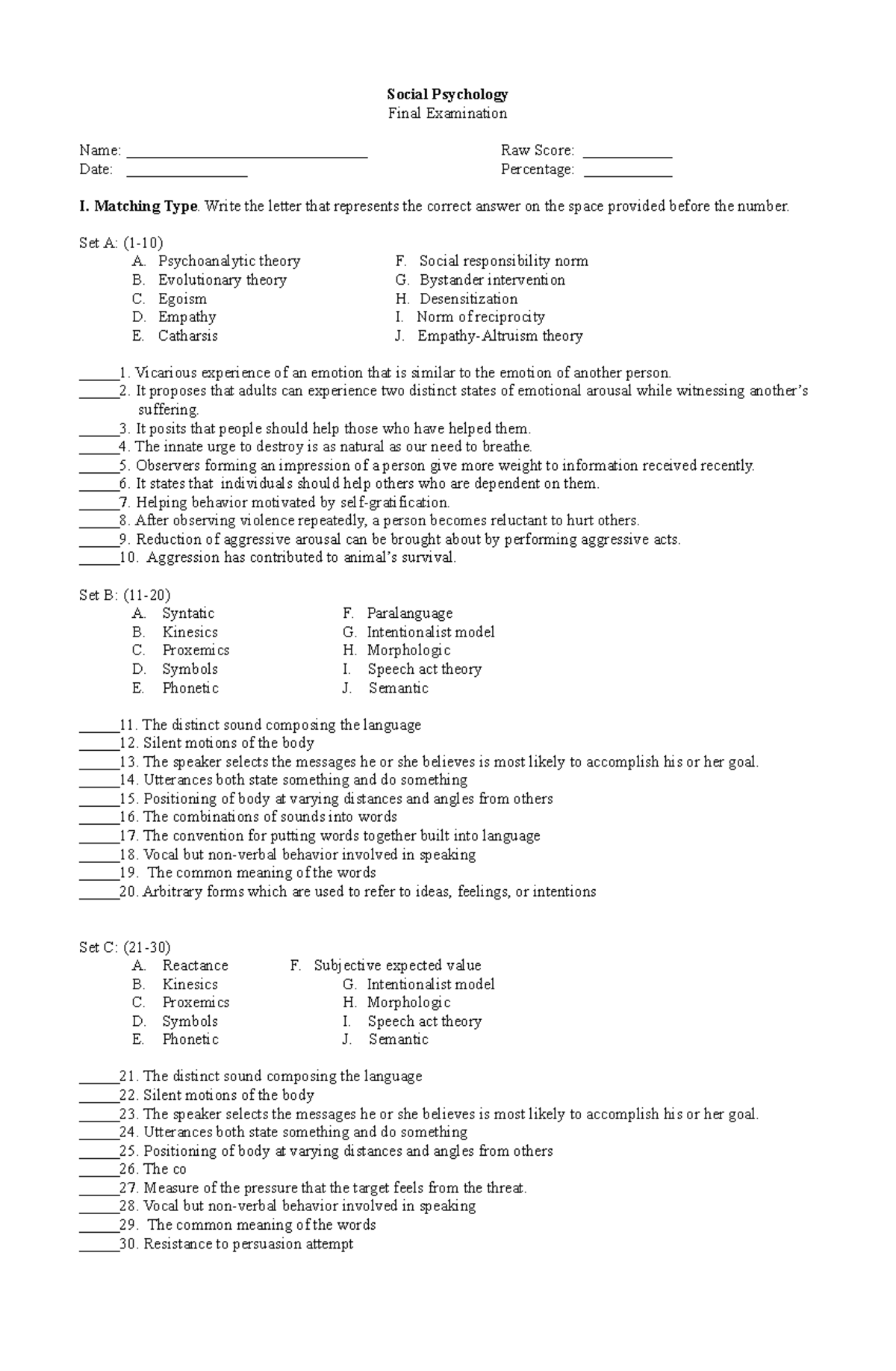 Review Materials in Social Psychology - University of Santo Tomas - Studocu