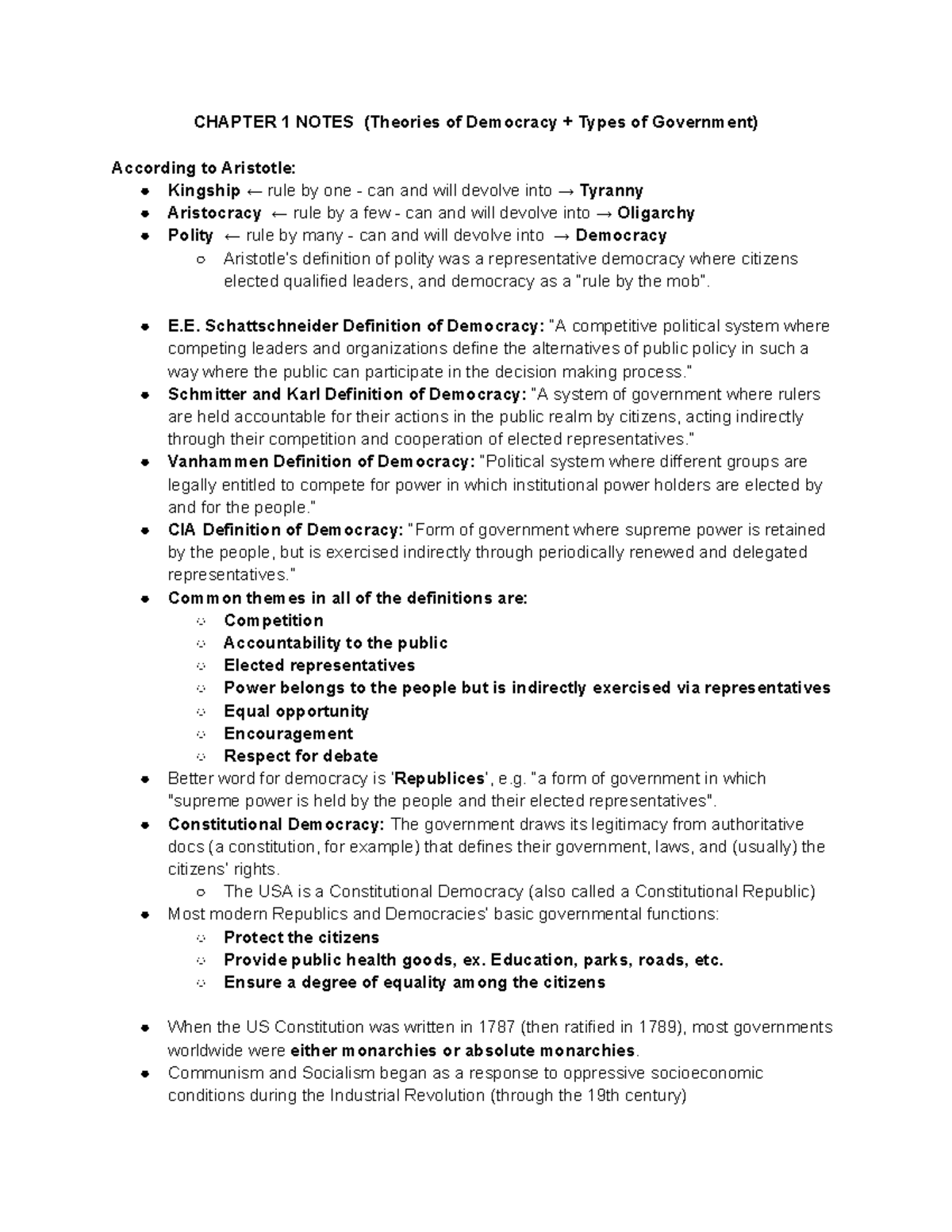 Chapter 1 Notes (Theories of Democracy + Types of Government) - CHAPTER ...