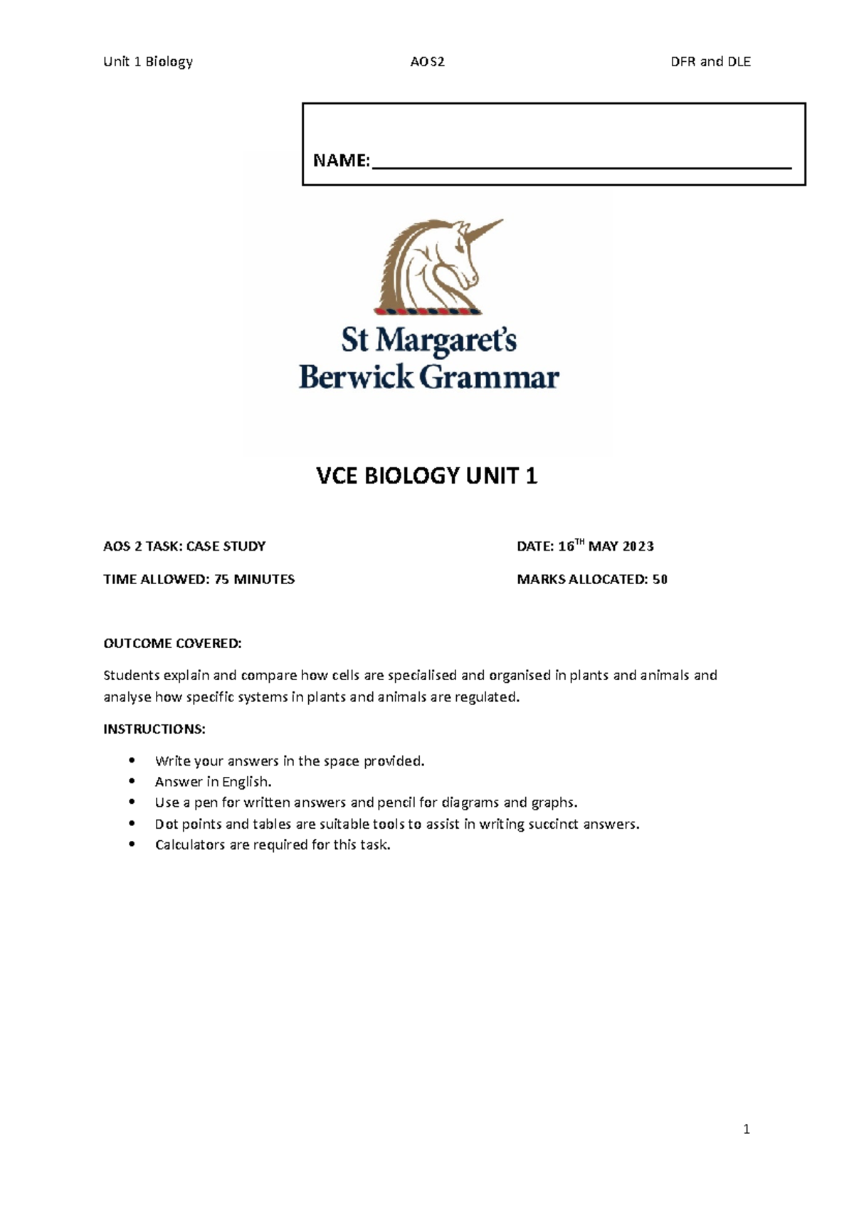 Unit1AOS2Case Study Diabetes - VCE BIOLOGY UNIT 1 AOS 2 TASK: CASE ...