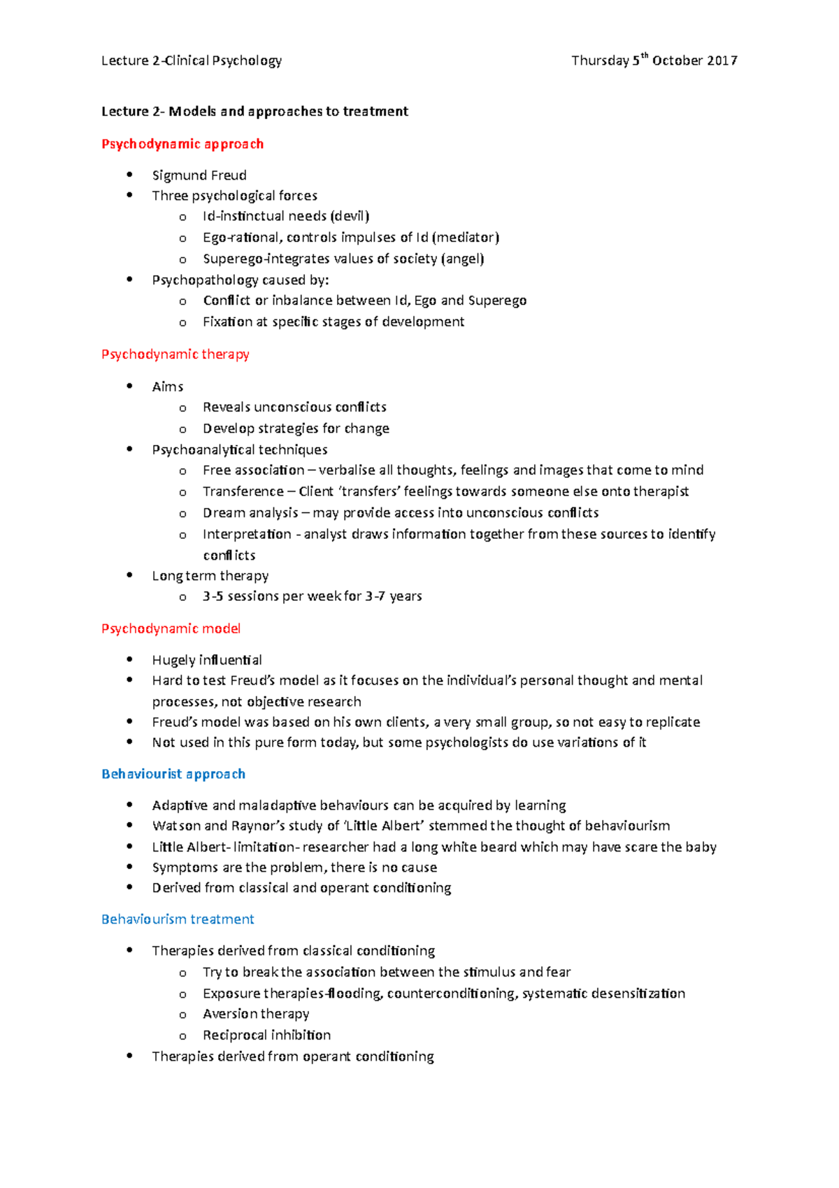 Lecture 2 notes-models and approaches - Lecture 2-Clinical Psychology ...