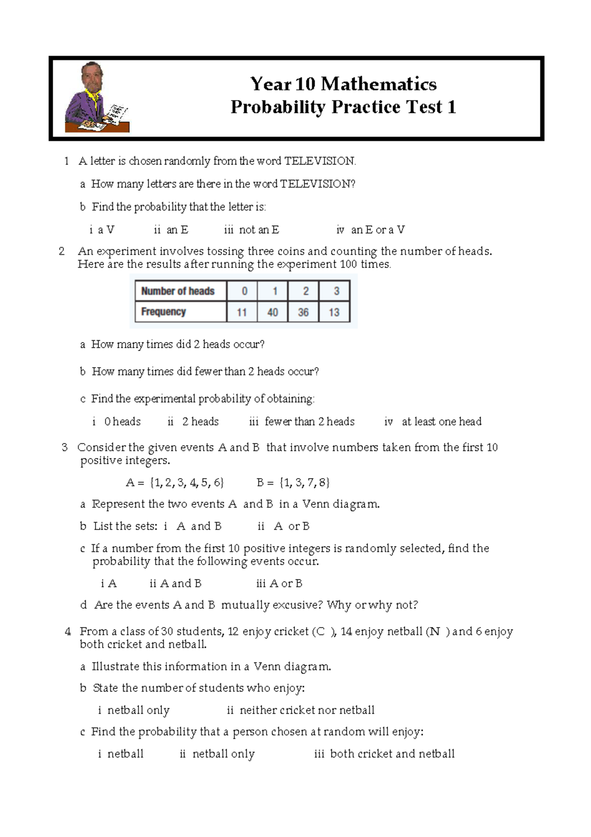 Year 10 probability practice - Year 10 Mathematics Probability Practice ...