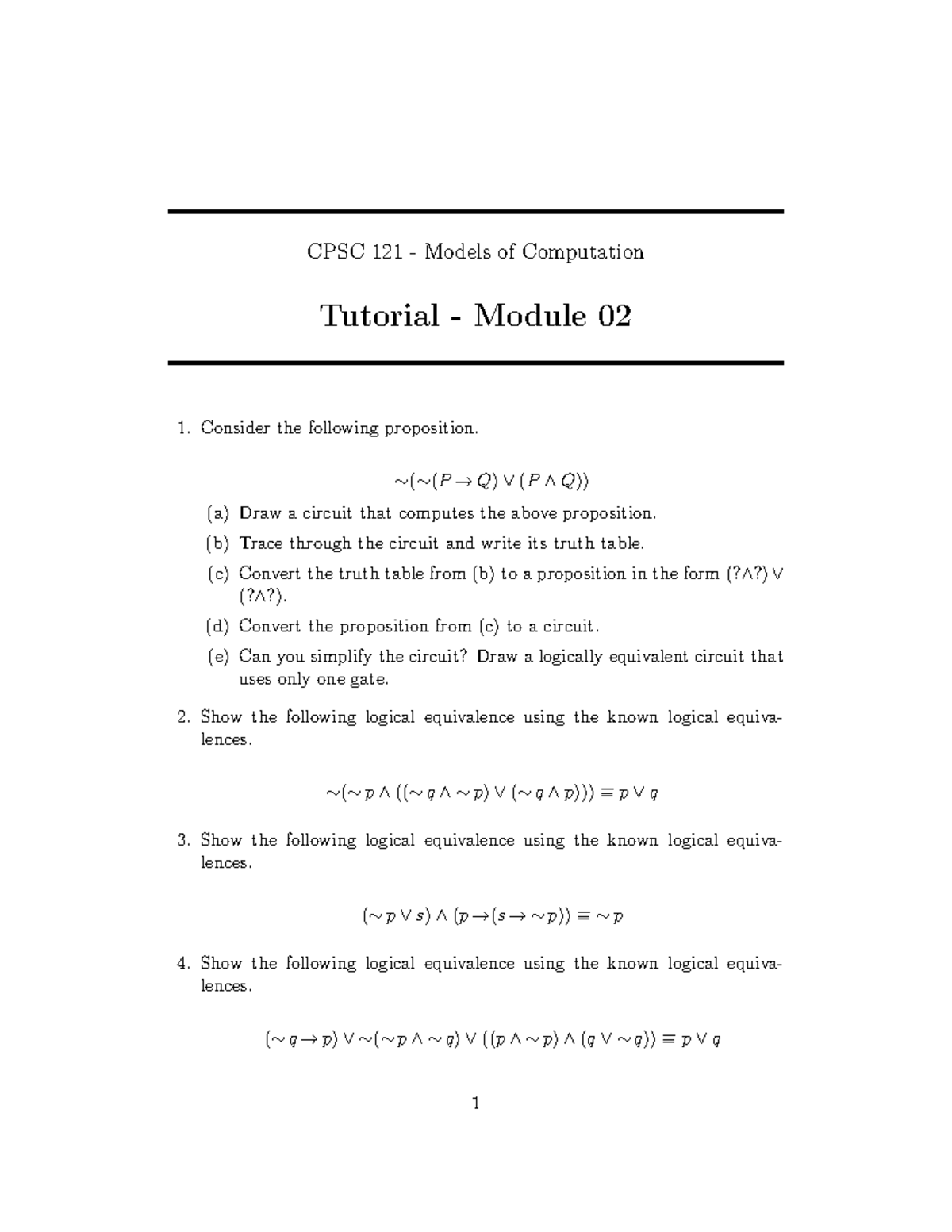 Tutorial 02 - CPSC 121 - Models of Computation Tutorial - Module 02 Consider the following - Studocu