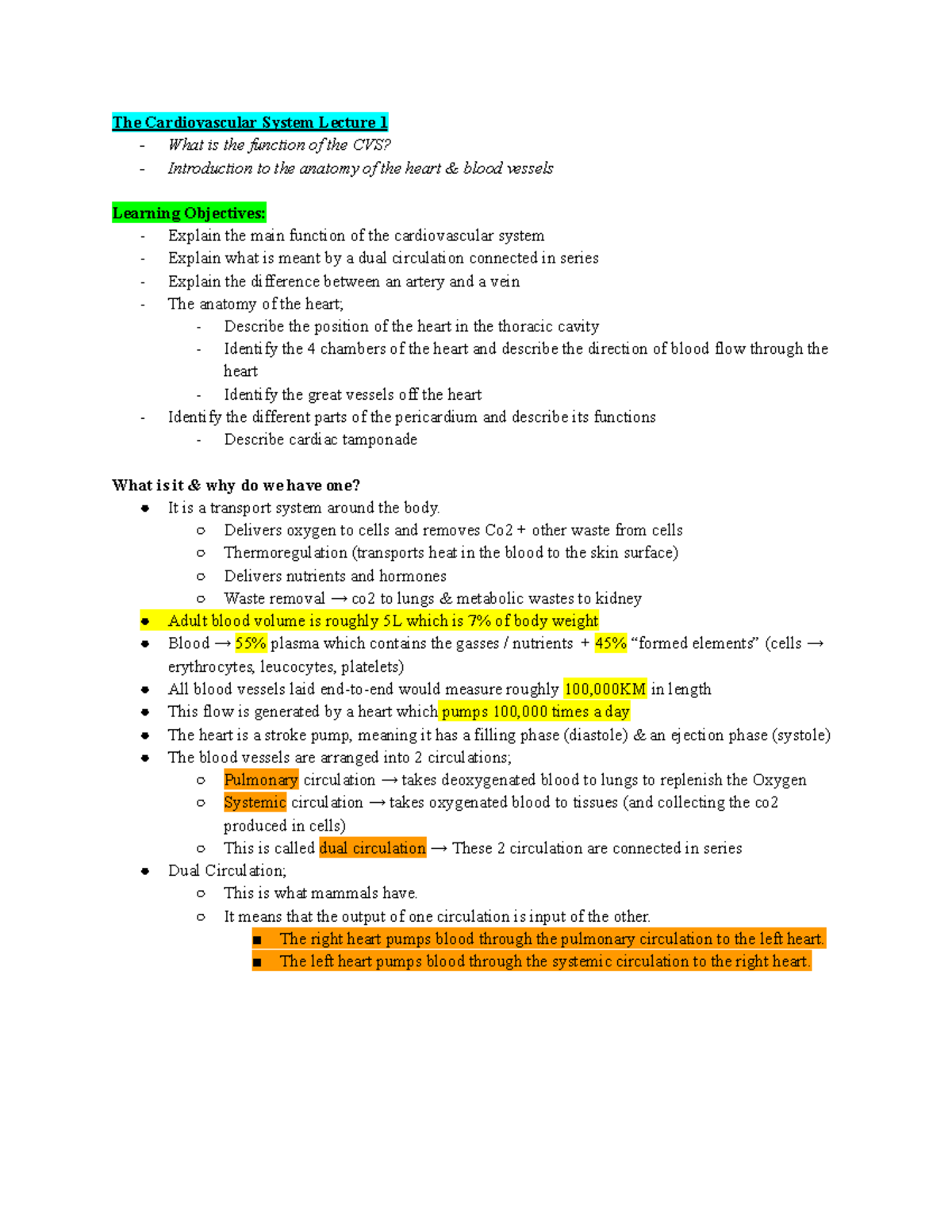 Body Systems - Notes - The Cardiovascular System Lecture 1 - What is ...