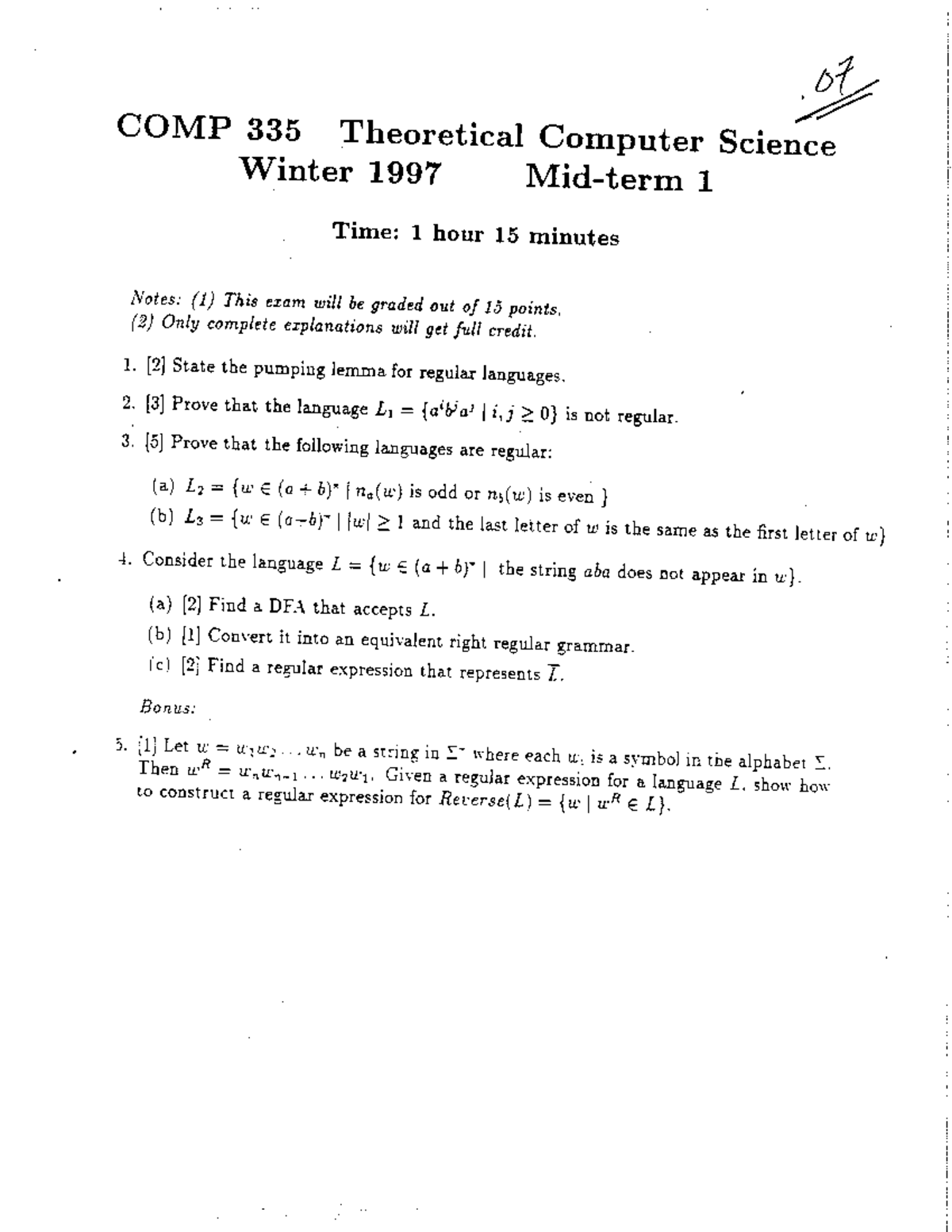 Exam 2 October Fall 2010 Questions And Answers A Comp 335 Theoretical Computer Science Winter 