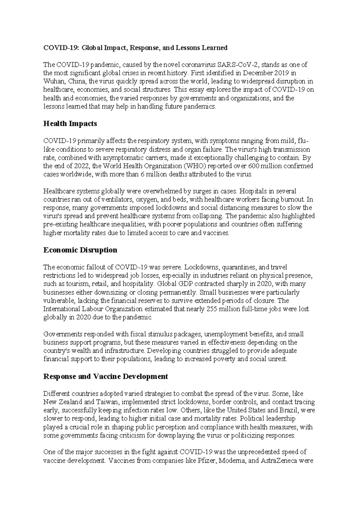 HUmans sciecne cells essay - COVID-19: Global Impact, Response, and ...