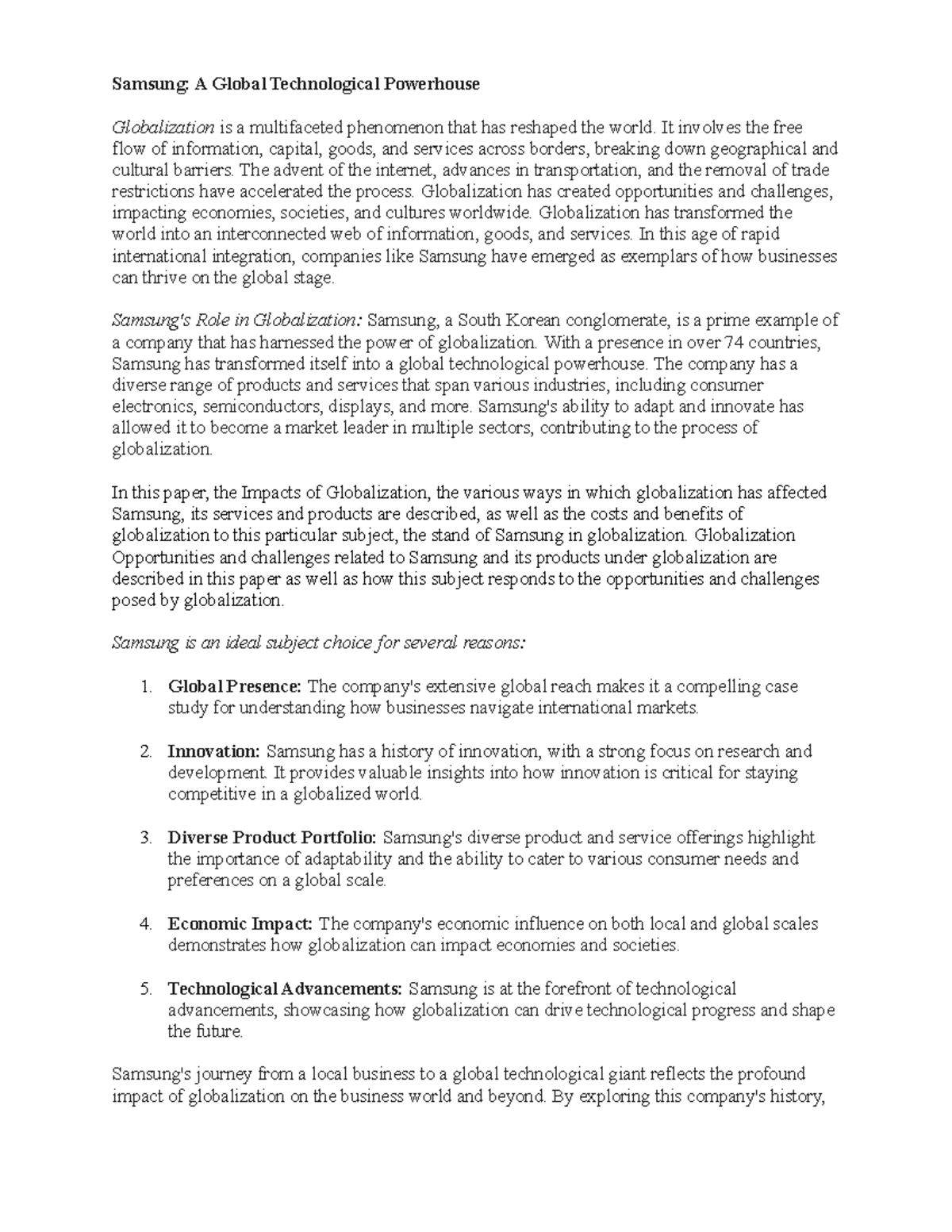 Samsung geog - assignment - Samsung: A Global Technological Powerhouse ...