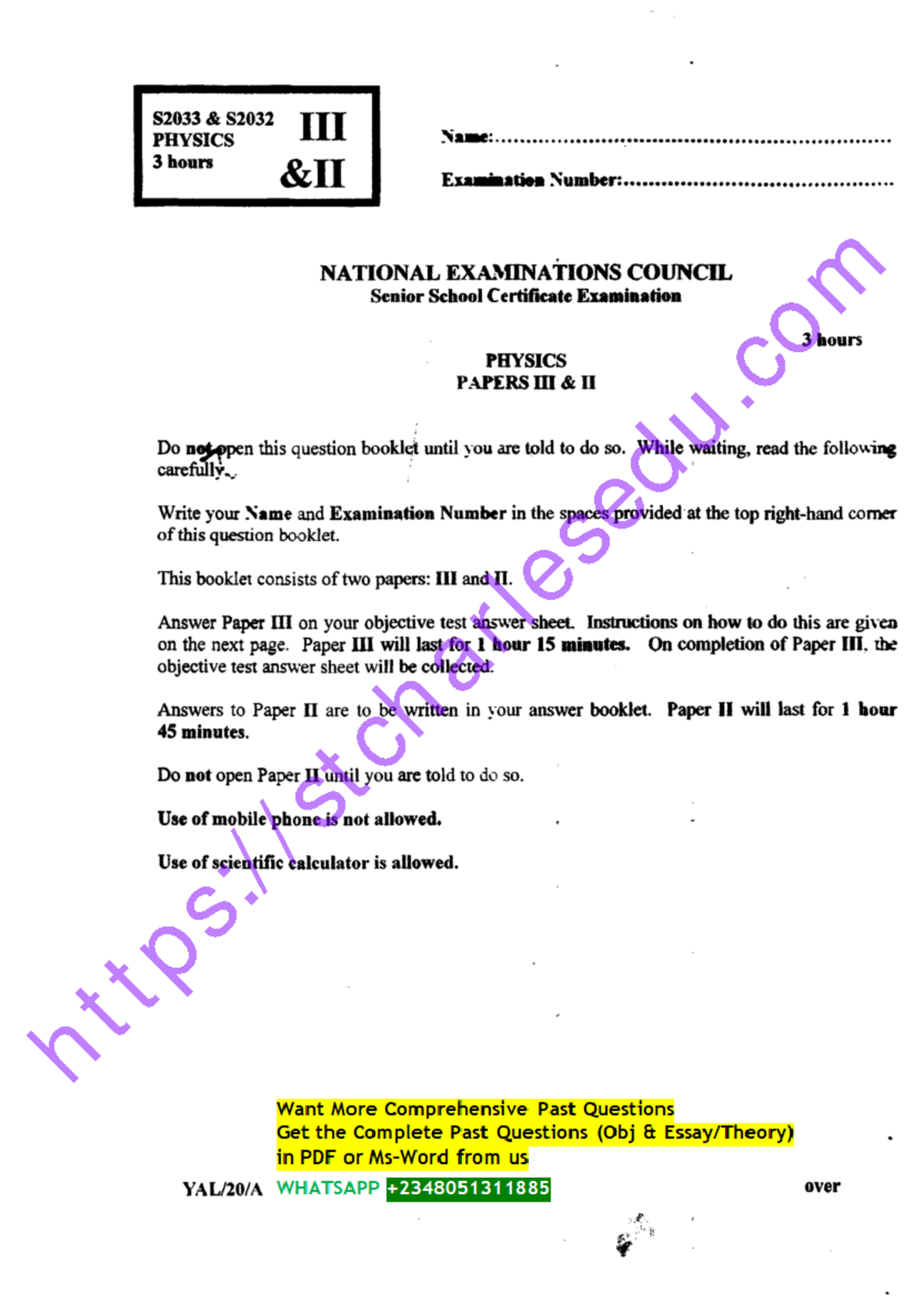 NECO GCE Physics Questions - stcharlesedu ####### S2033 & S PHYSICS 3 ...