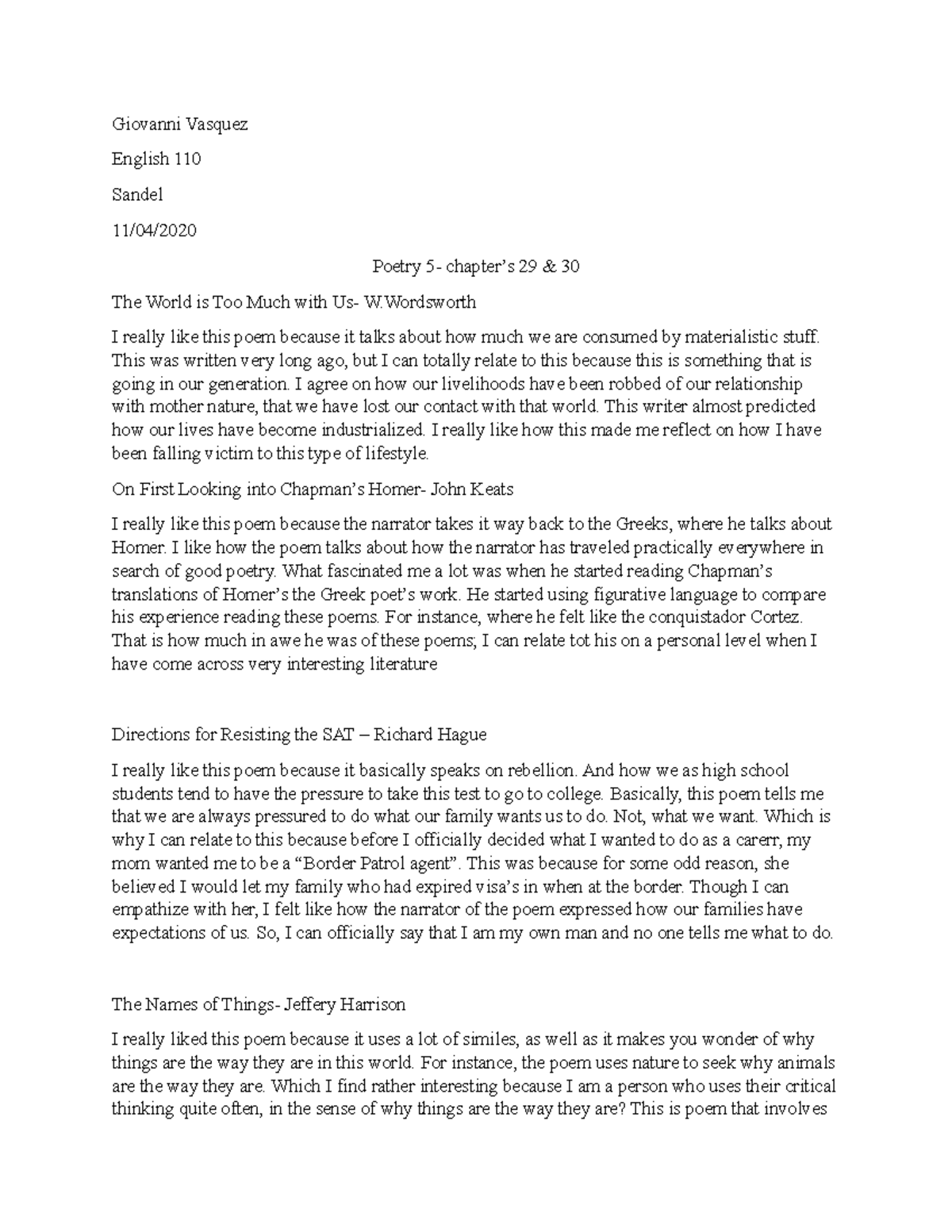 English poem hw - poem - Giovanni Vasquez English 110 Sandel 11/04 ...