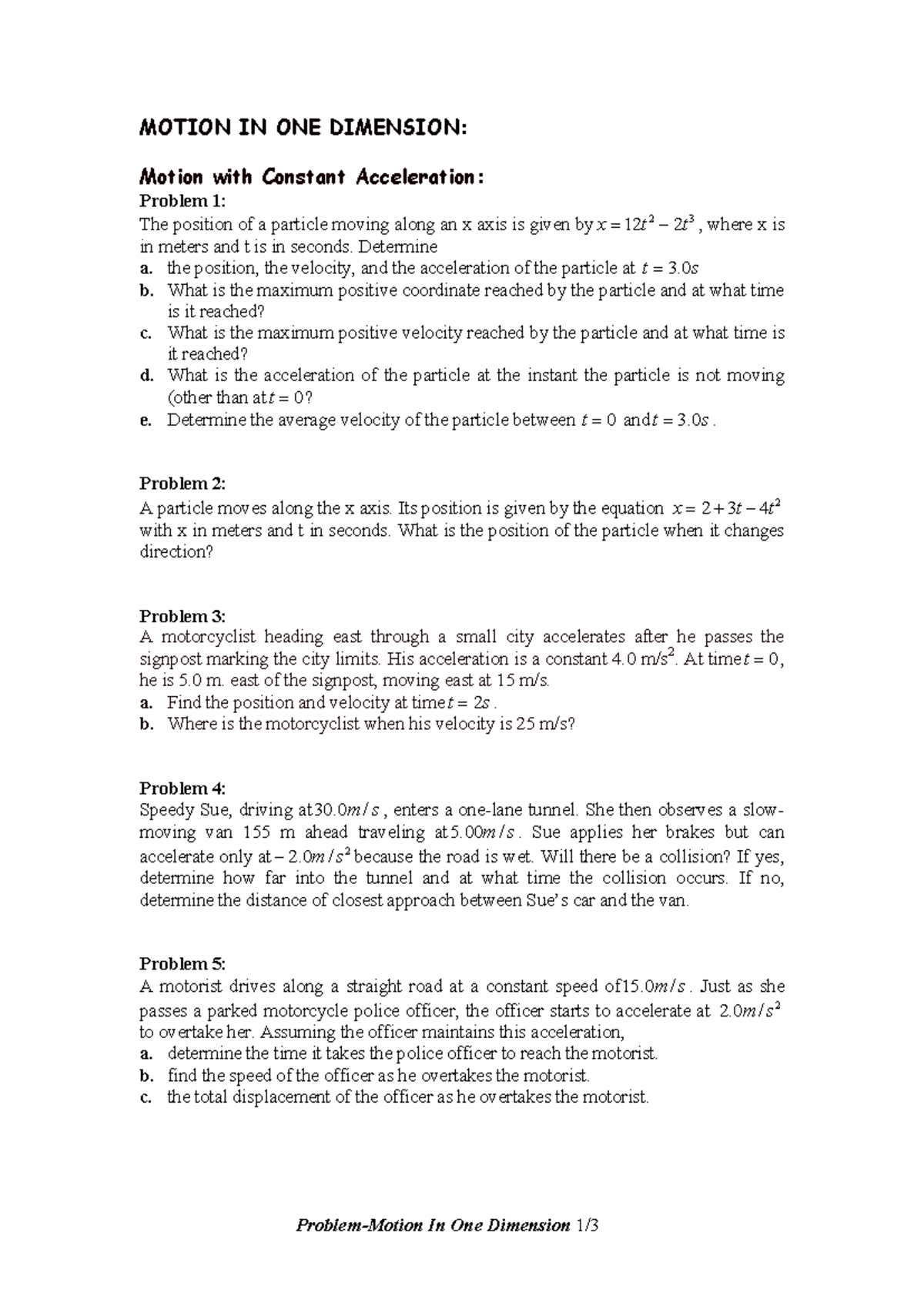Problem-03-Motion in One Dimension - Problem-Motion In One Dimension 1/ MOTION IN ONE DIMENSION ...