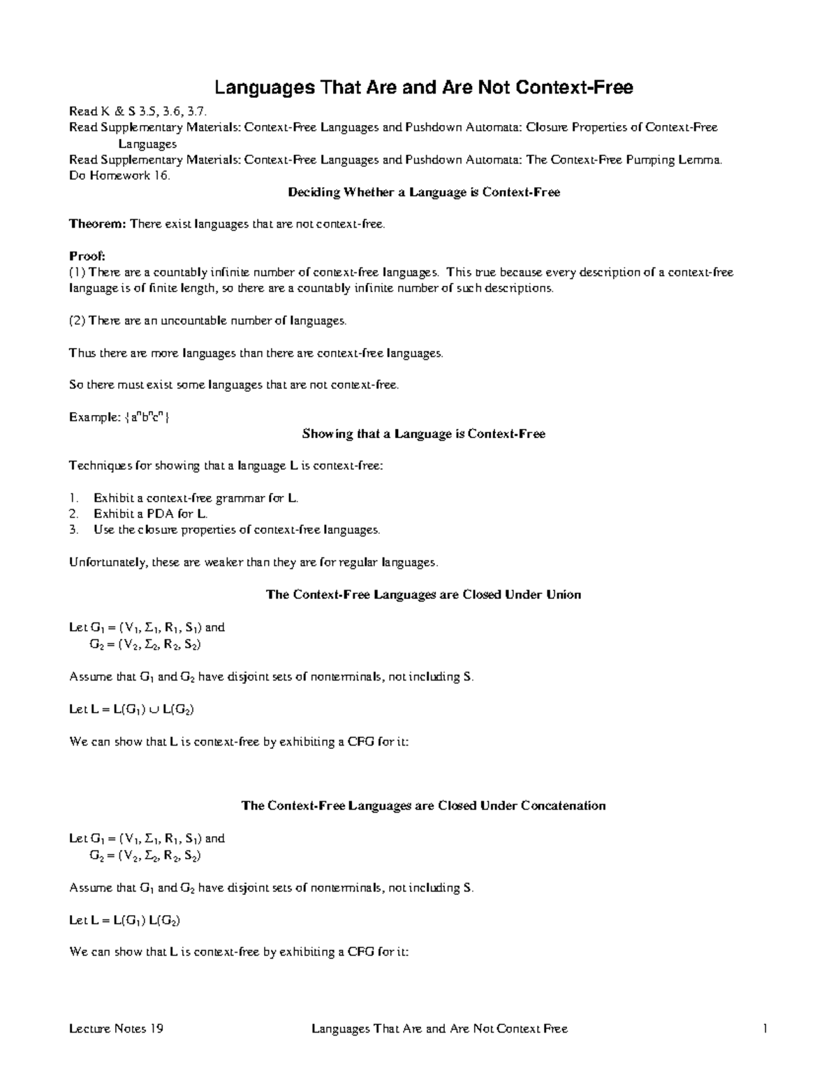 19-Context Free Handout - Languages That Are and Are Not Context-Free ...