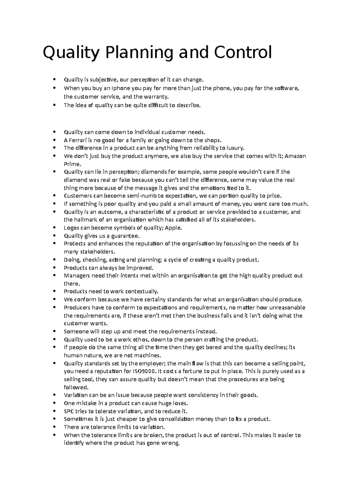 Quality Lecture - Quality Planning and Control - Studocu